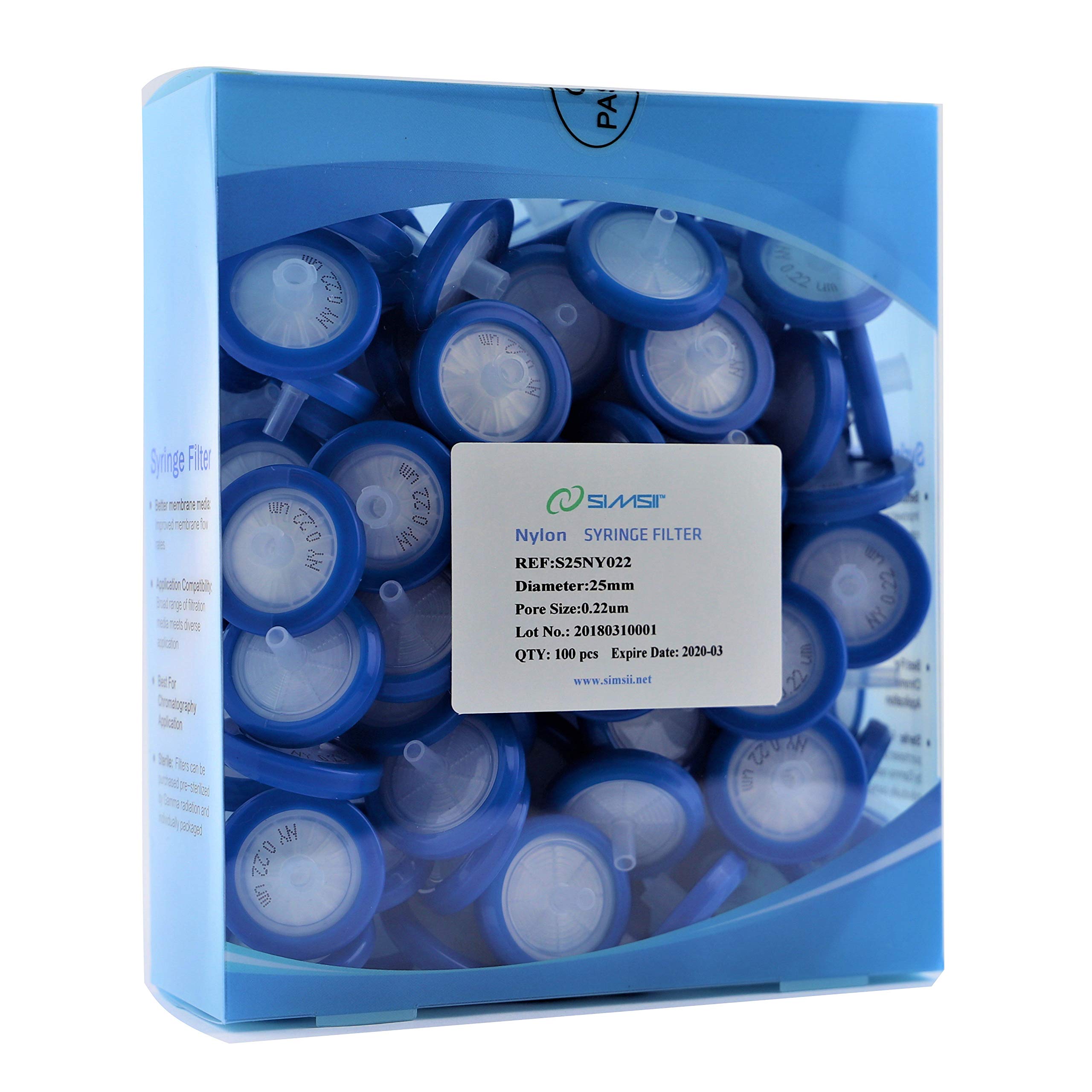 Simsii Syringe Filter, Nylon Membrane, Non Sterile Lab Disc, Diameter 25mm, Micron Pore Size 0.22 Micron,Disc Shape Blue Corded,PP Housing,Luer Lock,100 of Pack,