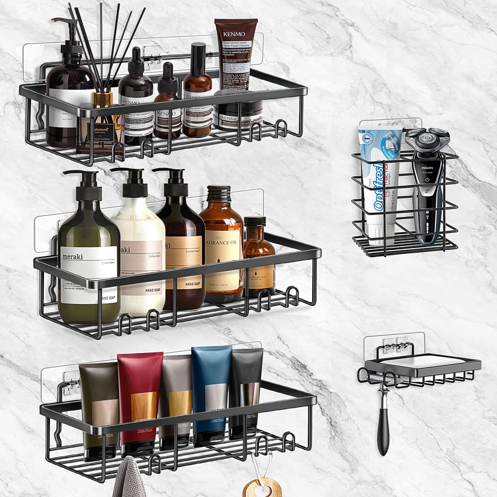 Shower Caddy Organizer 5-Pack Shower Shelves Adhesive Shower Shelf No Drilling Rustproof Bathroom Accessories Shower Storage with Toothbrush Holder and Soap Holder Organization for Living Room Kitchen
