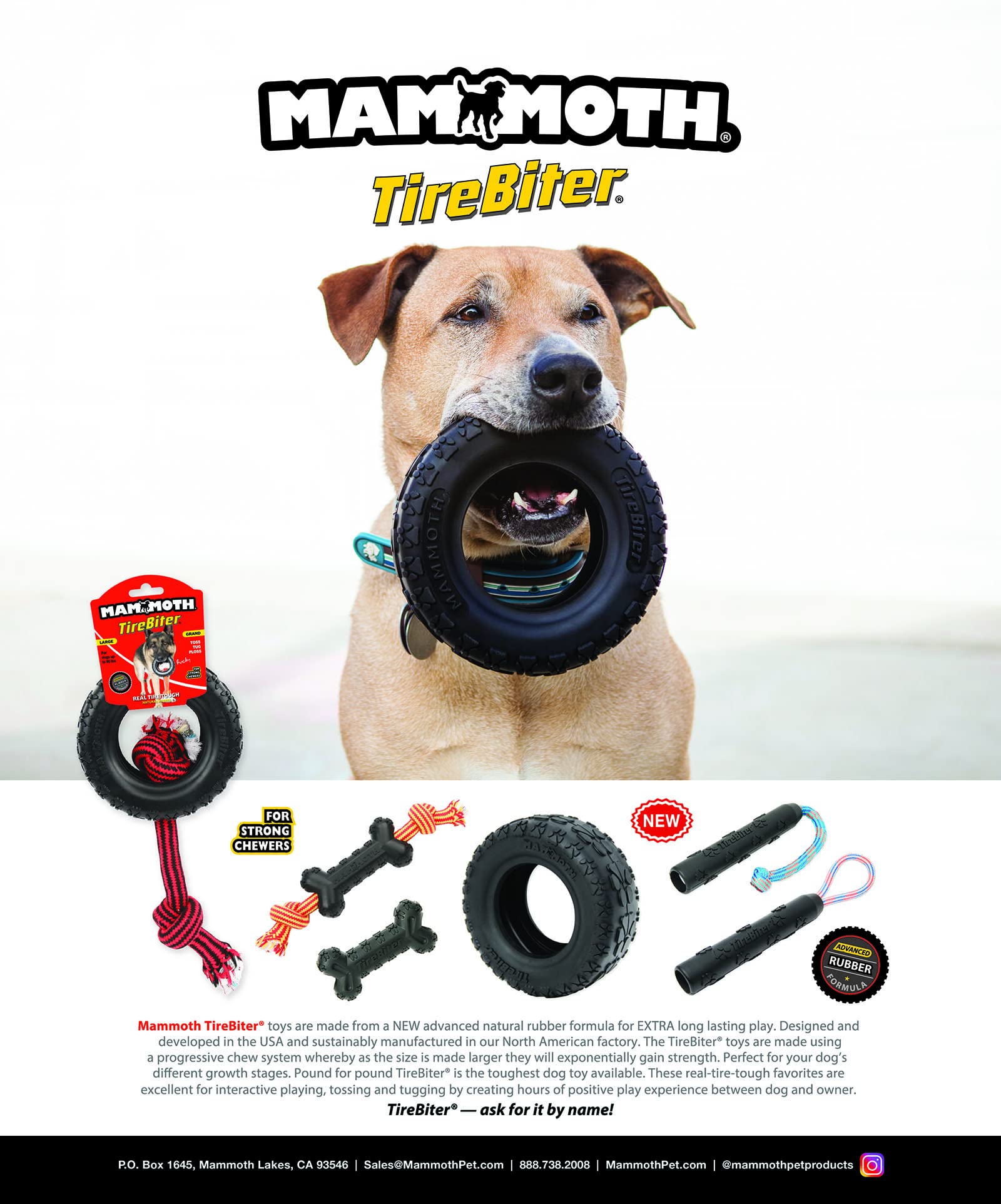 Mammoth TireBiterII with Cotton-Poly Rope – Natural Rubber Dog Toys for Extreme Chewers – Dog Toys for Extra Long Interactive Play – Aggressive Chewer Toys for Medium - Large Dogs - Large 6”