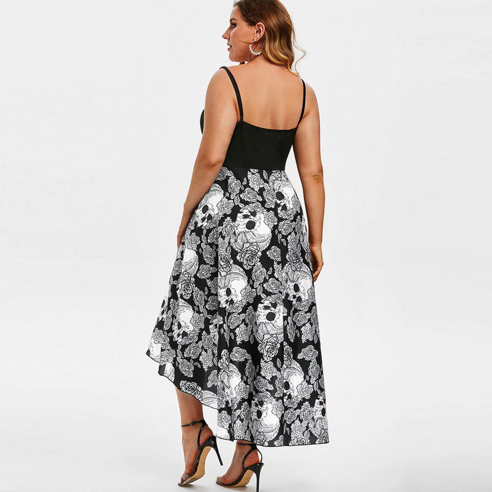 High Waist Sling Dress for Women Patchwork Scoop Neck Floral Skull Printed Swing Dress Black
