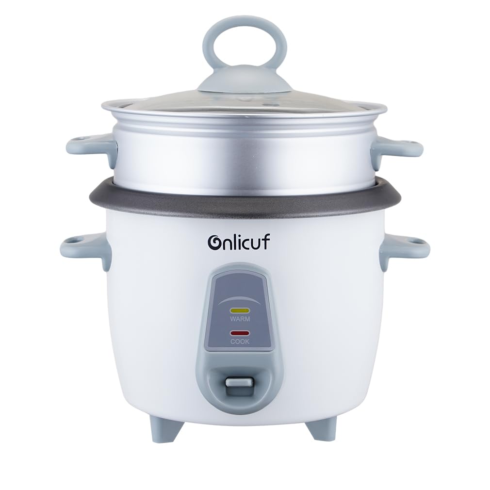 Onlicuf 3 Cups Uncooked 6 Cups Cooked Rice & Grain Cooker with Aluminum Food Steamer, Nonstick Pot, Multicooker, Automatic Keep Warm Function,Resettable Overheat Protection,BPA-free,White
