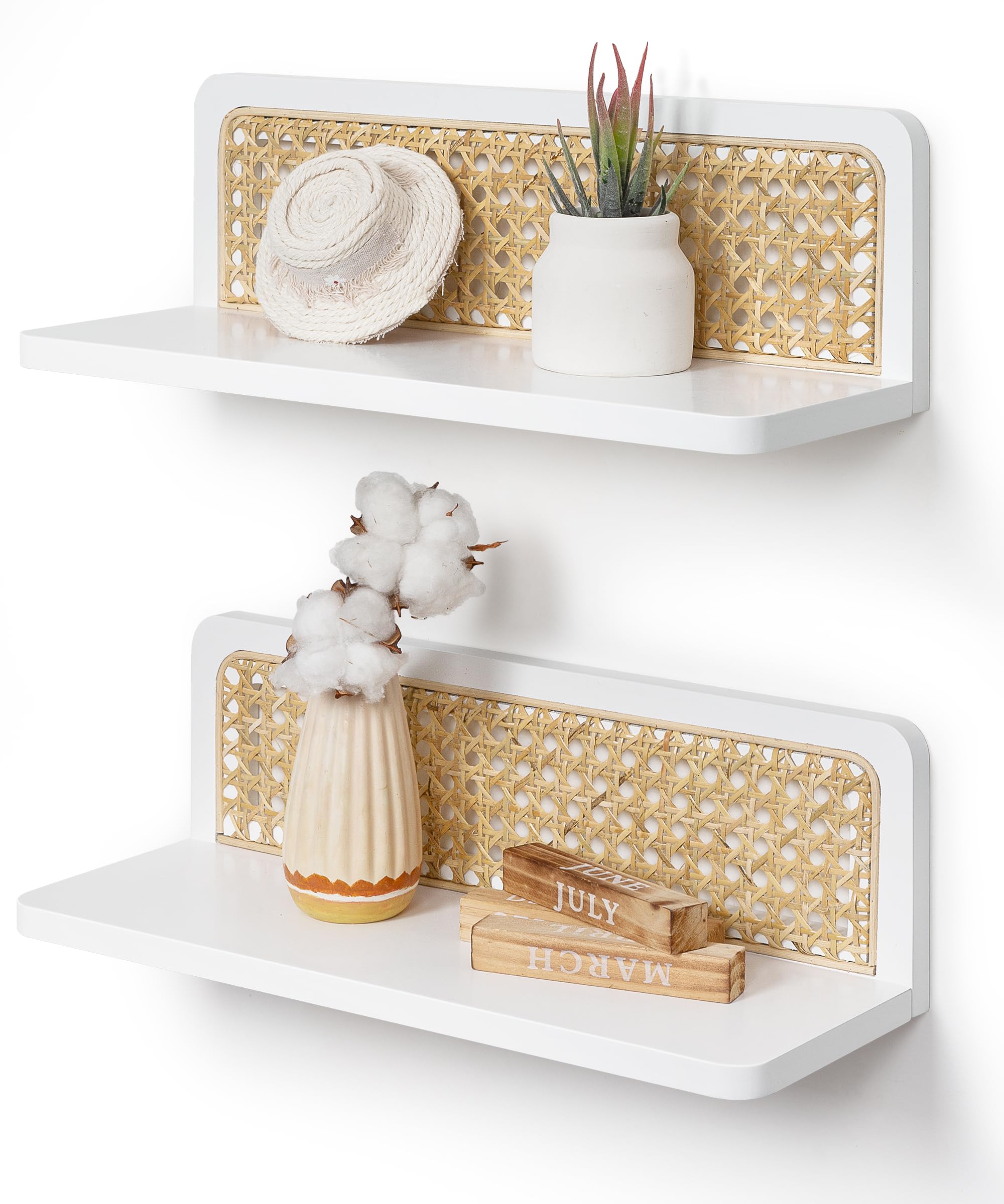 Mazjoaru Rattan Wall Shelf 16inch Set of 2, Handmade Floating Shelves Boho Wall Decor, Rustic Wood Wall Mounted Storage Shelves for Living Room Nursery Bedroom