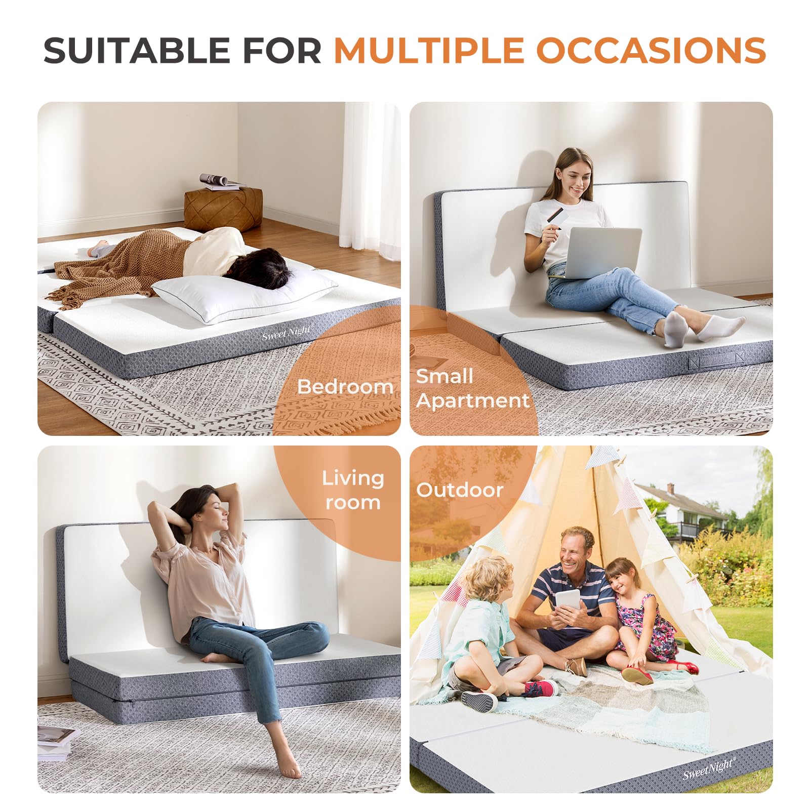 Sweetnight Tri Folding Mattress - 4-inch Foldable Mattress with a Collapsible and Washable Cover | Medium-Firm with Non-Slip Design | Suitable for RV Travel, Camping, Guest(TXL)