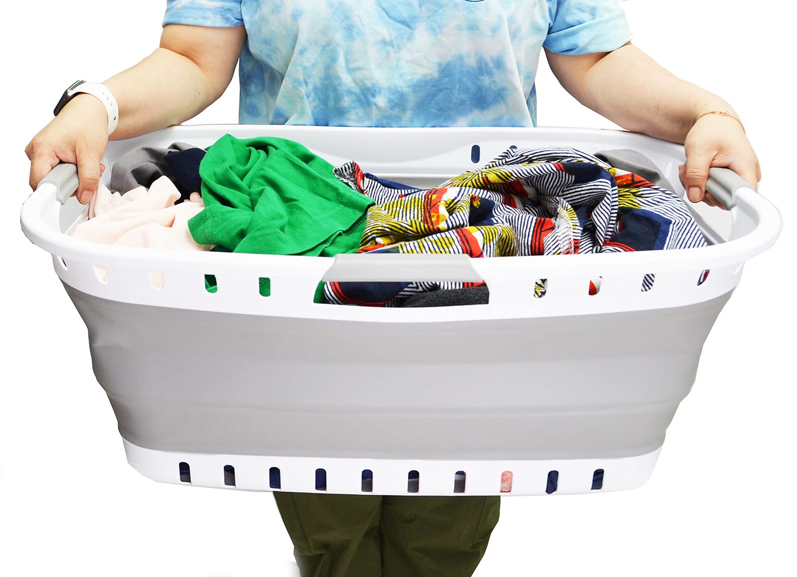 SAMMART 44L Collapsible Plastic Laundry Basket - Foldable Pop Up Storage Container/Organizer - Portable Washing Tub - Space Saving Hamper/Basket (1, White/Grey), Size: 25.4 x 17.3 x 10.2 inches