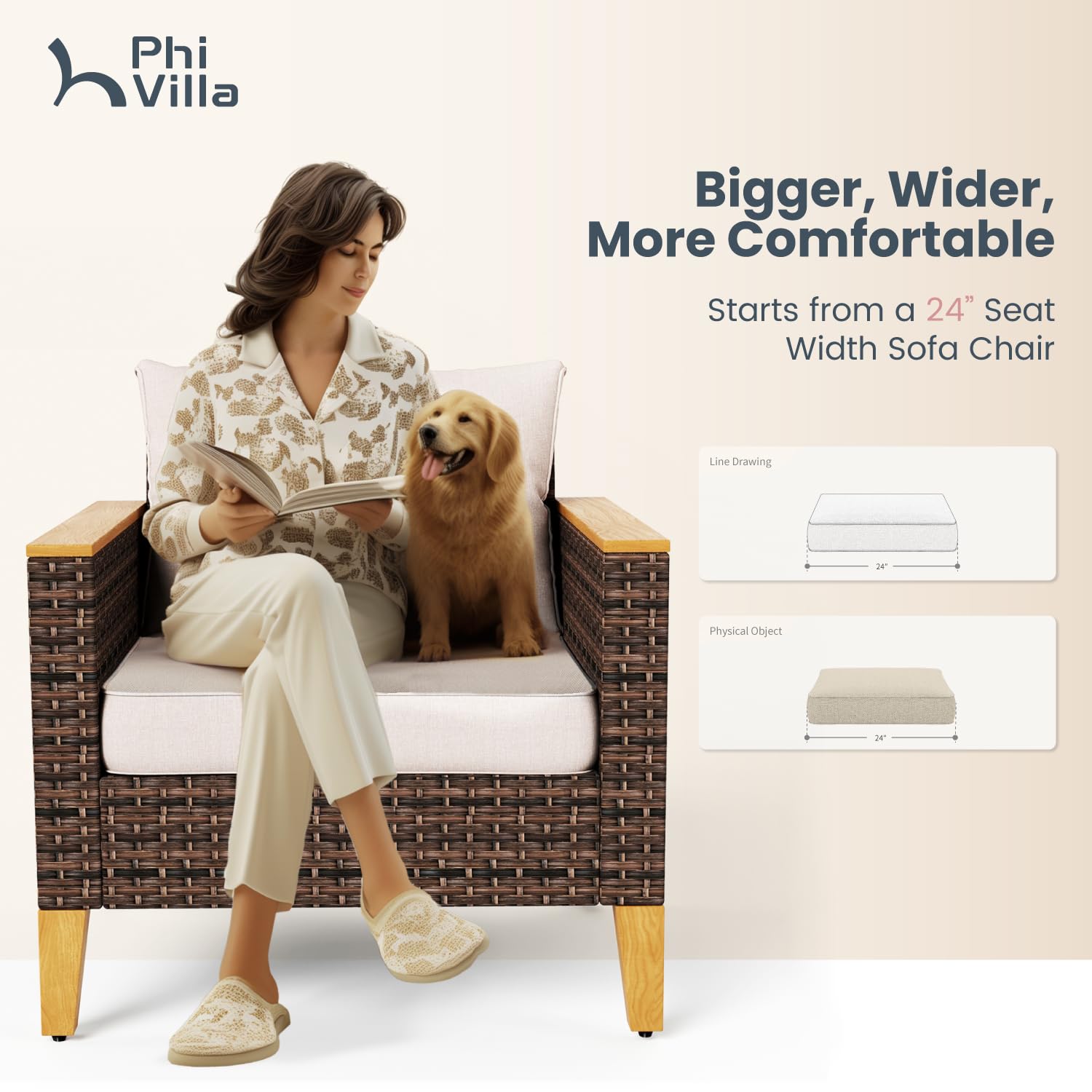 PHI VILLA Oversized 3-Seater Patio Couch Outdoor Wicker Patio Furniture Sofa Set for 3 People Conversation Rattan Sofa Set Outdoor Garden