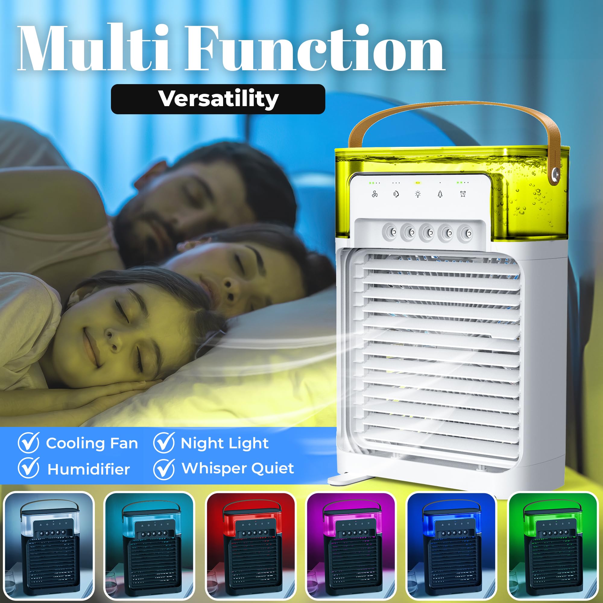 Portable Air Conditioner with Cooling Mist and Remote, Quiet comfort with 4 Speeds, XL 1200ml tank, Personal AC Fan with 5 Mists, 7 Night Lights, 2, 4, 6, 8H Timer, for Home, Office, White