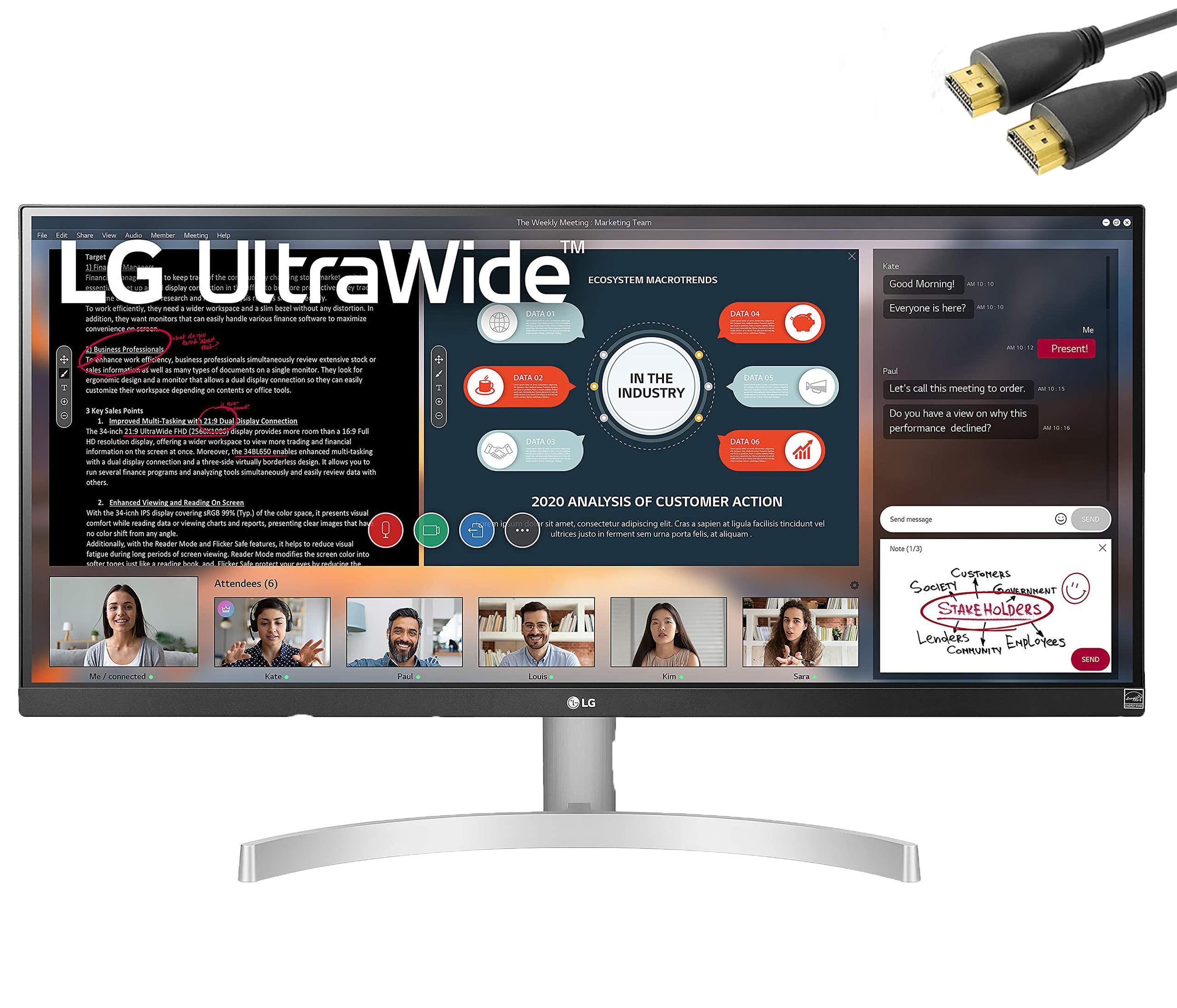 LG 29" 21:9(2560x1080) UltraWide WFHD IPS HDR10 Monitor with AMD FreeSync, SRGB 99% Color Gamut, 75Hz Refresh Rate, 3-Side Virtually Borderless Design, Bundle with JAWFOAL HDMI Cable