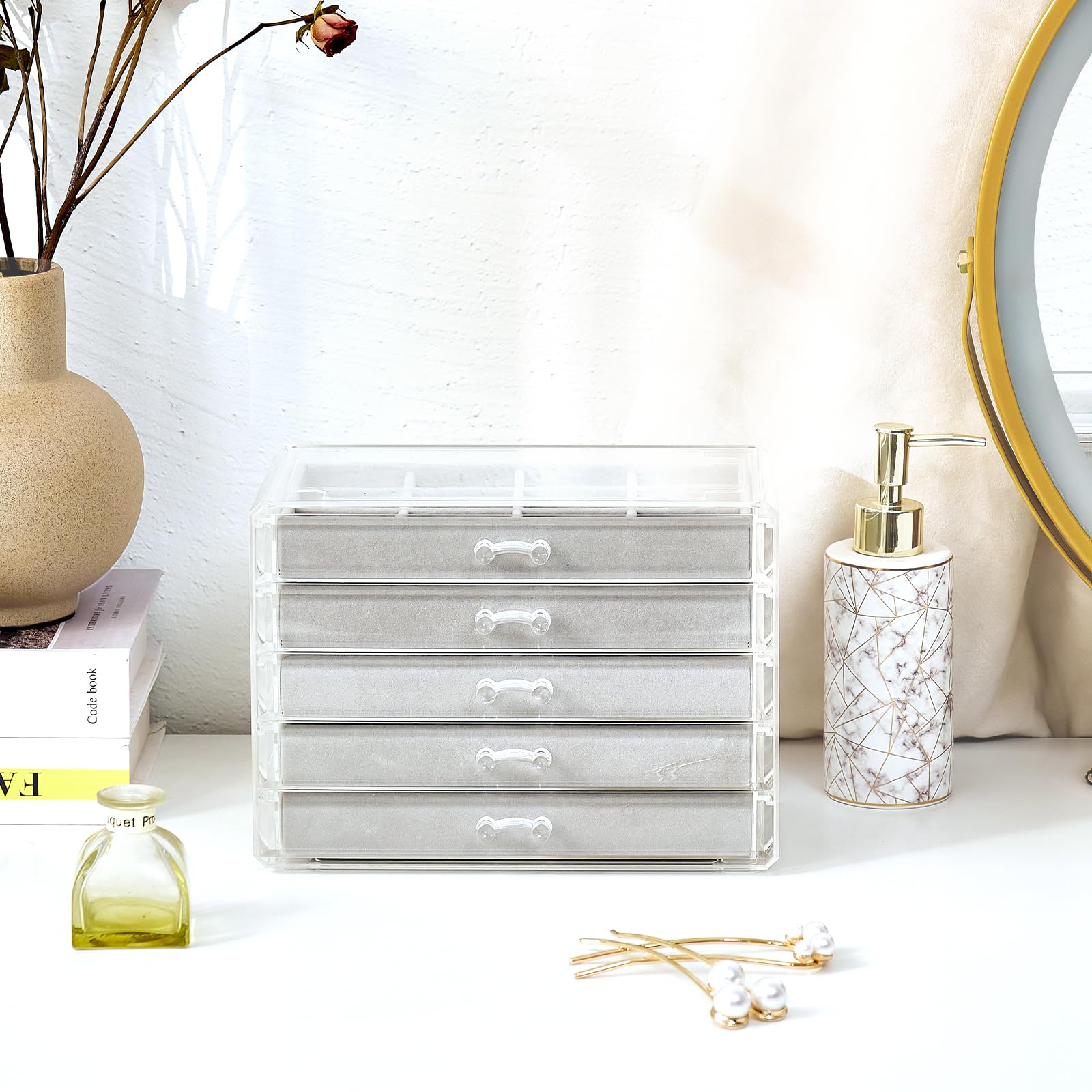 ProCase Earring Holder Organizer Jewelry Box with 5 Drawers, Acrylic Clear Earring Case with Adjustable Velvet Trays for Women - Grey, 5 Layers