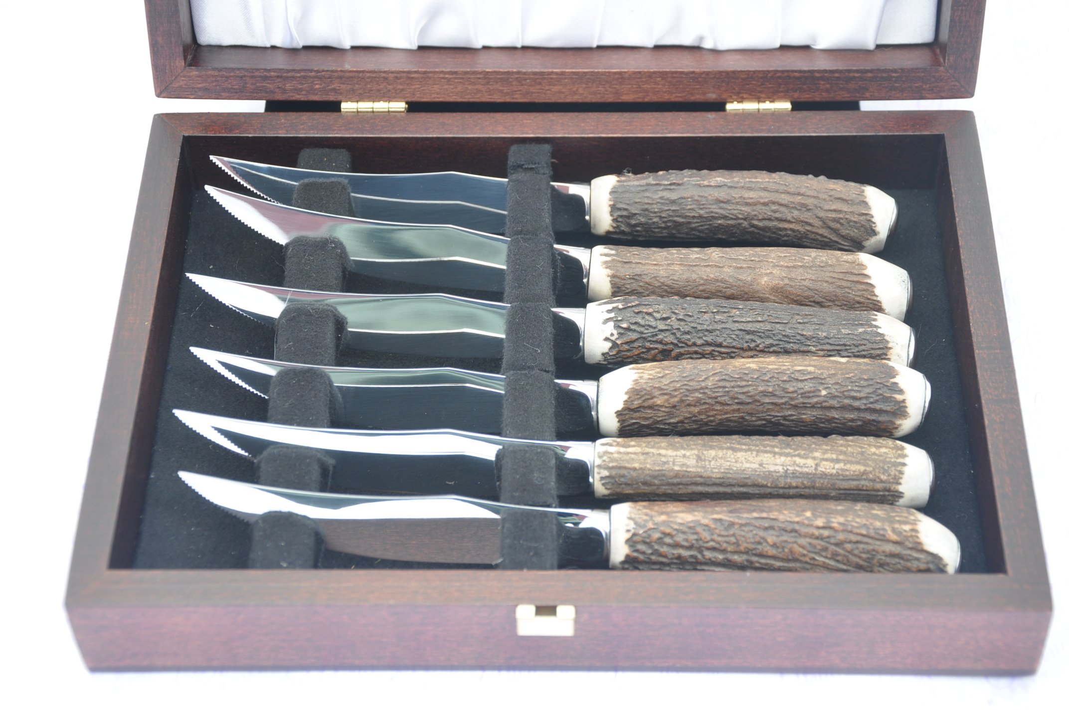 Six Cased Genuine Stag Horn/Antler Handle Steak Knives Made in Sheffield England Free Engraving