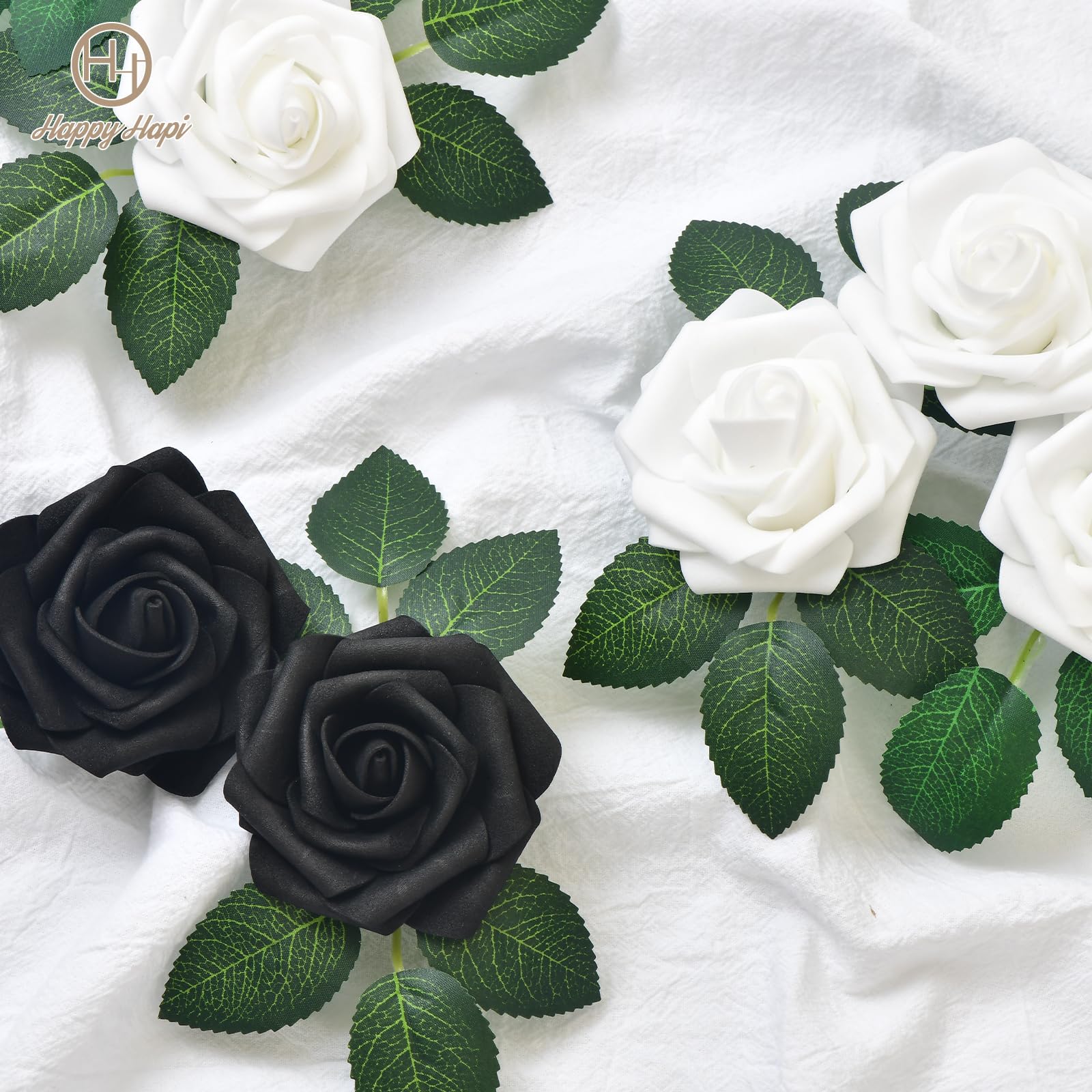 HappyHapi 40Pcs Artificial Flowers Roses Bulk Black&White Foam Fake Roses with Stems for Wedding, Bridal Shower Decorations Fake Flowers Centerpieces Tables Decorations