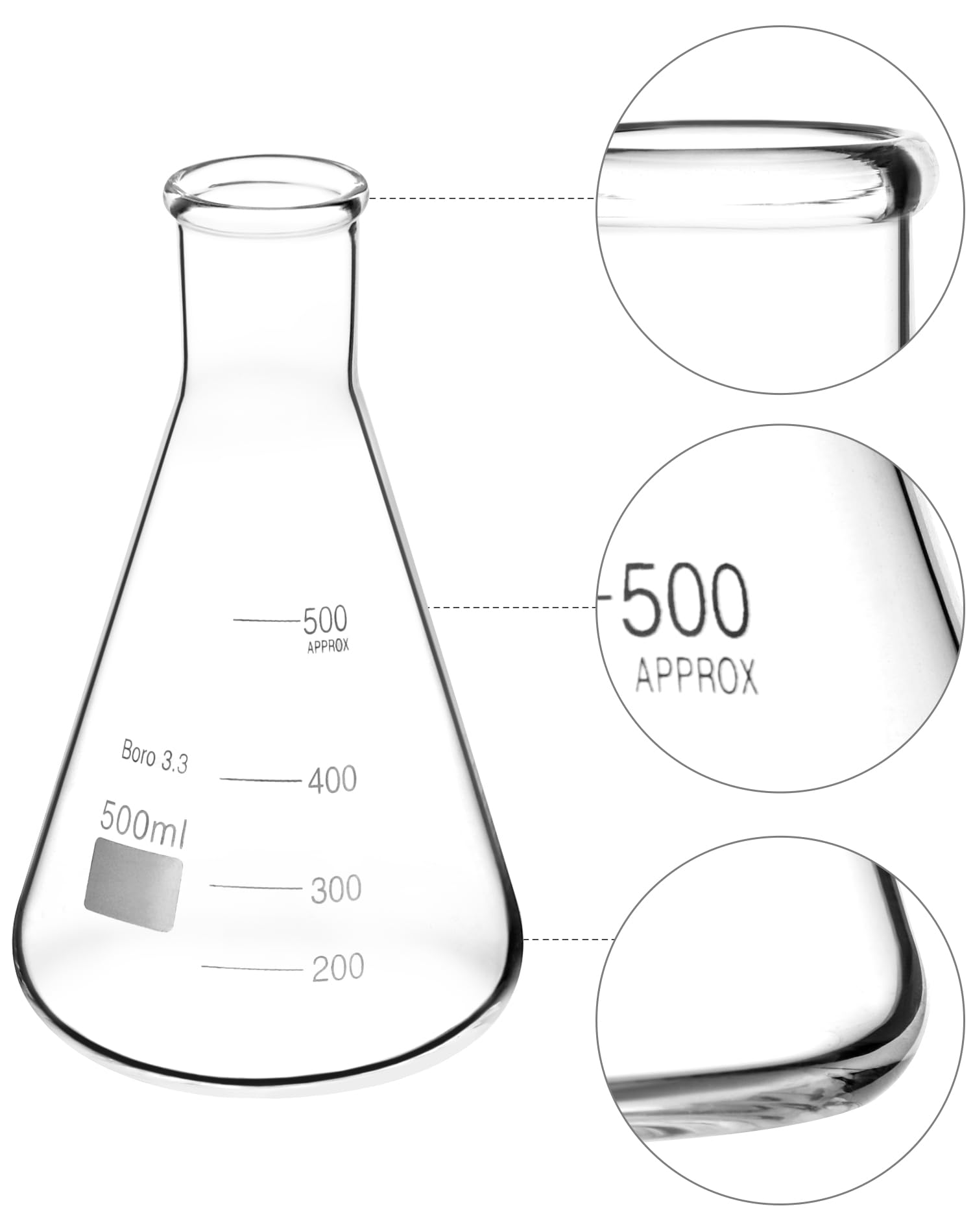 QWORK Erlenmeyer Flask Set, 2 Pcs 1000ML Borosilicate Glass Conical Flasks with Narrow Mouth, Printed Scale, for Lab, Classroom, Kitchen, Craft, Home