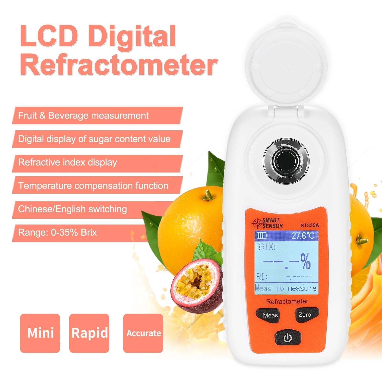KYKYK Refractometer, Smart Sensor ST335A Digital Refractometer Saccharometer ATC Sugar Percent Tester 0-35% Brix Honey Sugar Concentration Detector for Fruit, Homebrewing, Juice, Vegetables