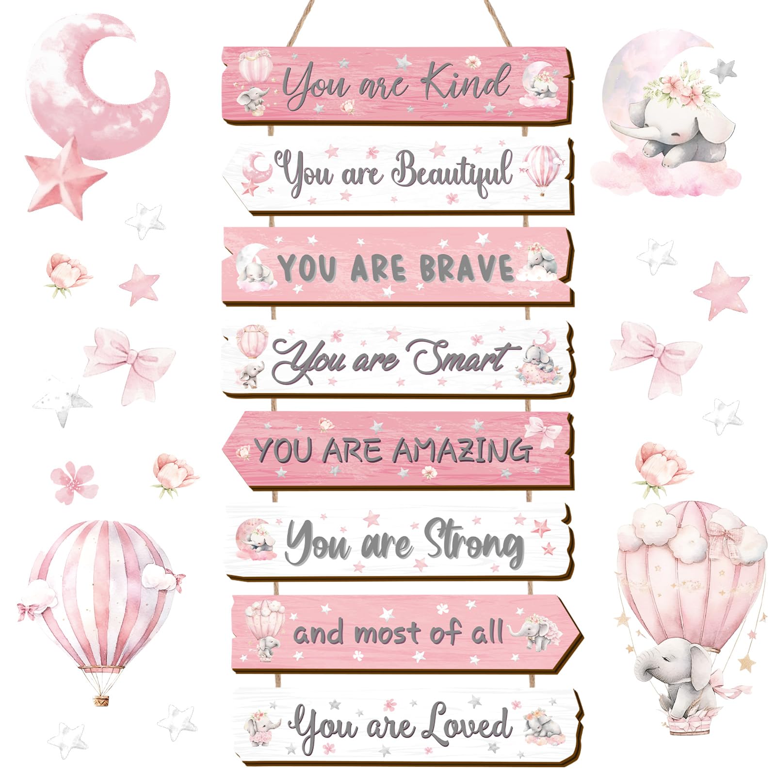 Inspirational Girl Room Decor Aesthetic Art Wall Hanging Sign Inspiring Colorful Rainbow Wooden Decoration for Kids Teens Toddler Boy Baby Bedroom Nursery Dorm Decor, 6-12 Years Old (Elephant)