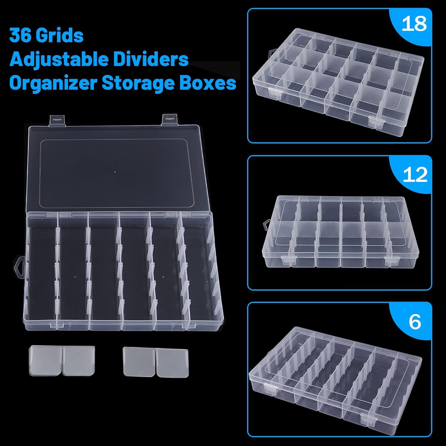 MdakeGo 5 Pack 36 Grids Clear Plastic Organizer Box Container, Small Craft Storage with Adjustable Dividers, Fishing Tackle Box Organizer for Beads Art DIY Crafts Jewelry Screw