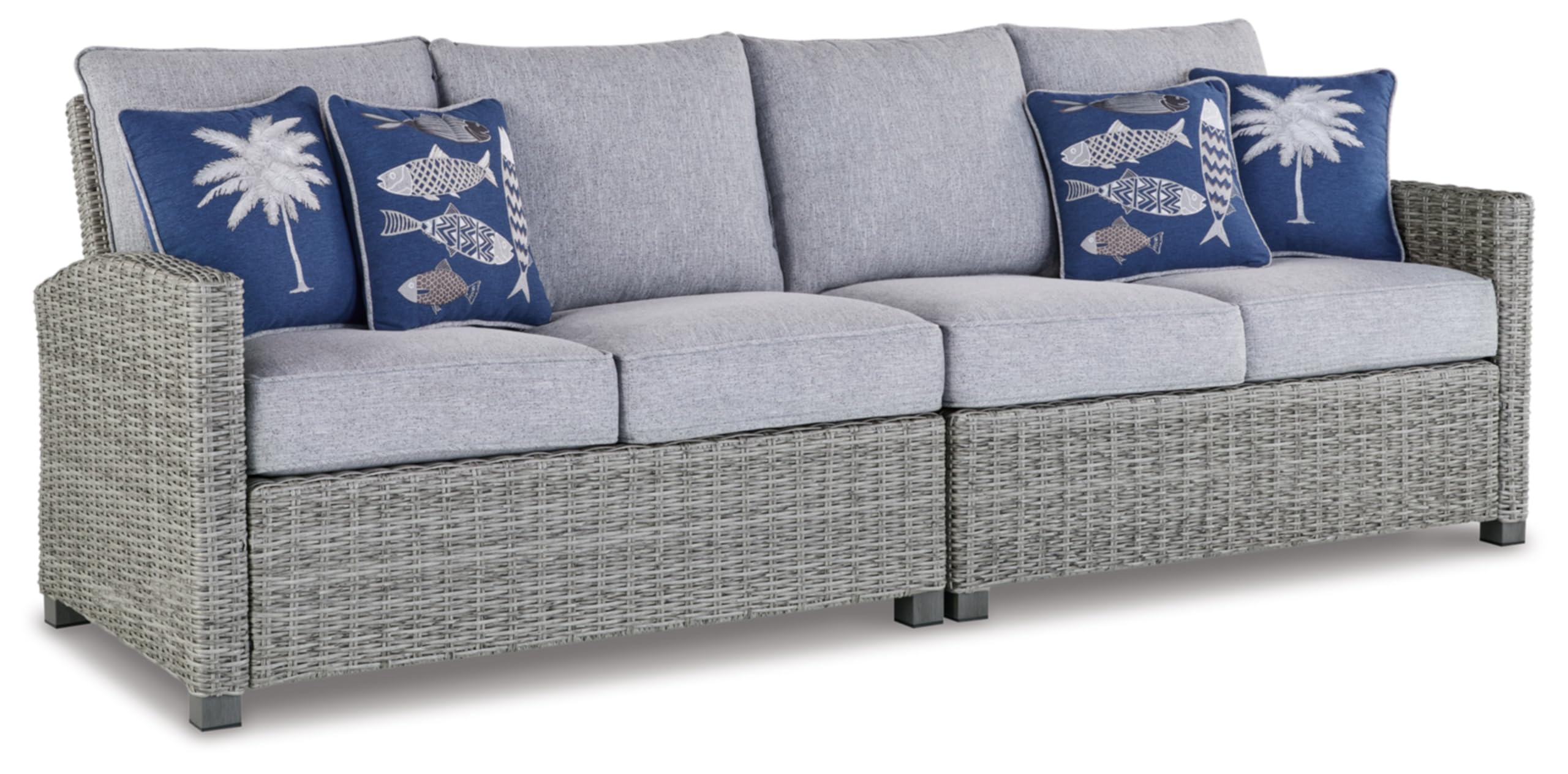 Signature Design by Ashley Naples Beach Casual Outdoor Right and Left-arm Facing Loveseat with Cushion and 4 Throw Pillows, Set of 2, Light Gray