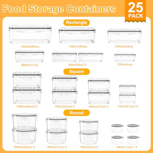 Fyrnova 50-Piece Food Storage Containers with Lids (25 Containers & 25 Lids), Airtight Plastic Food Containers for Pantry & Kitchen Organization, BPA-Free, Leak Proof, Reusable with Labels & Pen