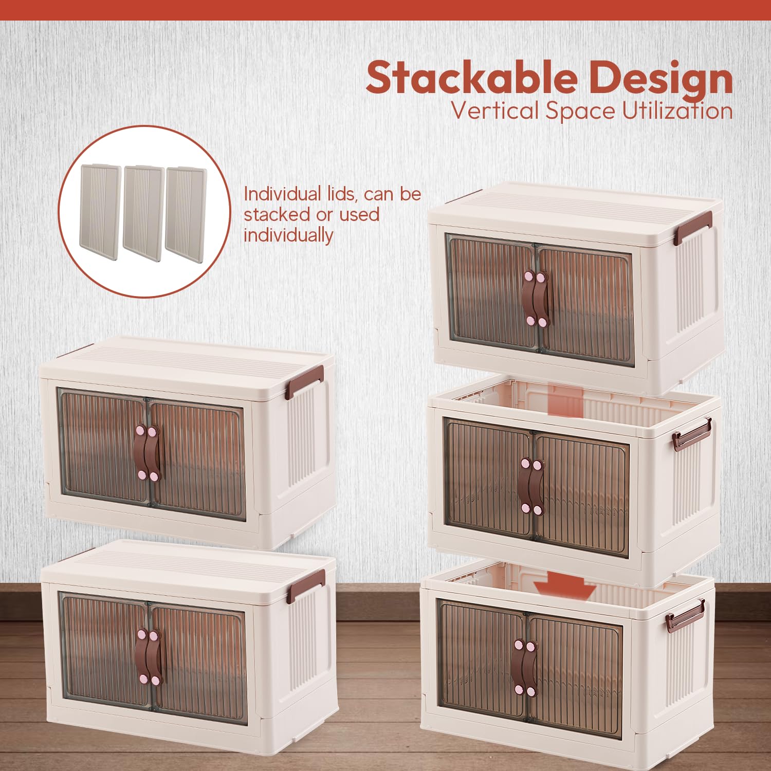 PROKTIK 30 QT 3 Tier Folding Storage Bins with Doors – Magnetic Door Foldable Storage Cabinet - Folding Storage Box with Leather Handles - Stackable and Collapsible Storage Container for Books, Pantry