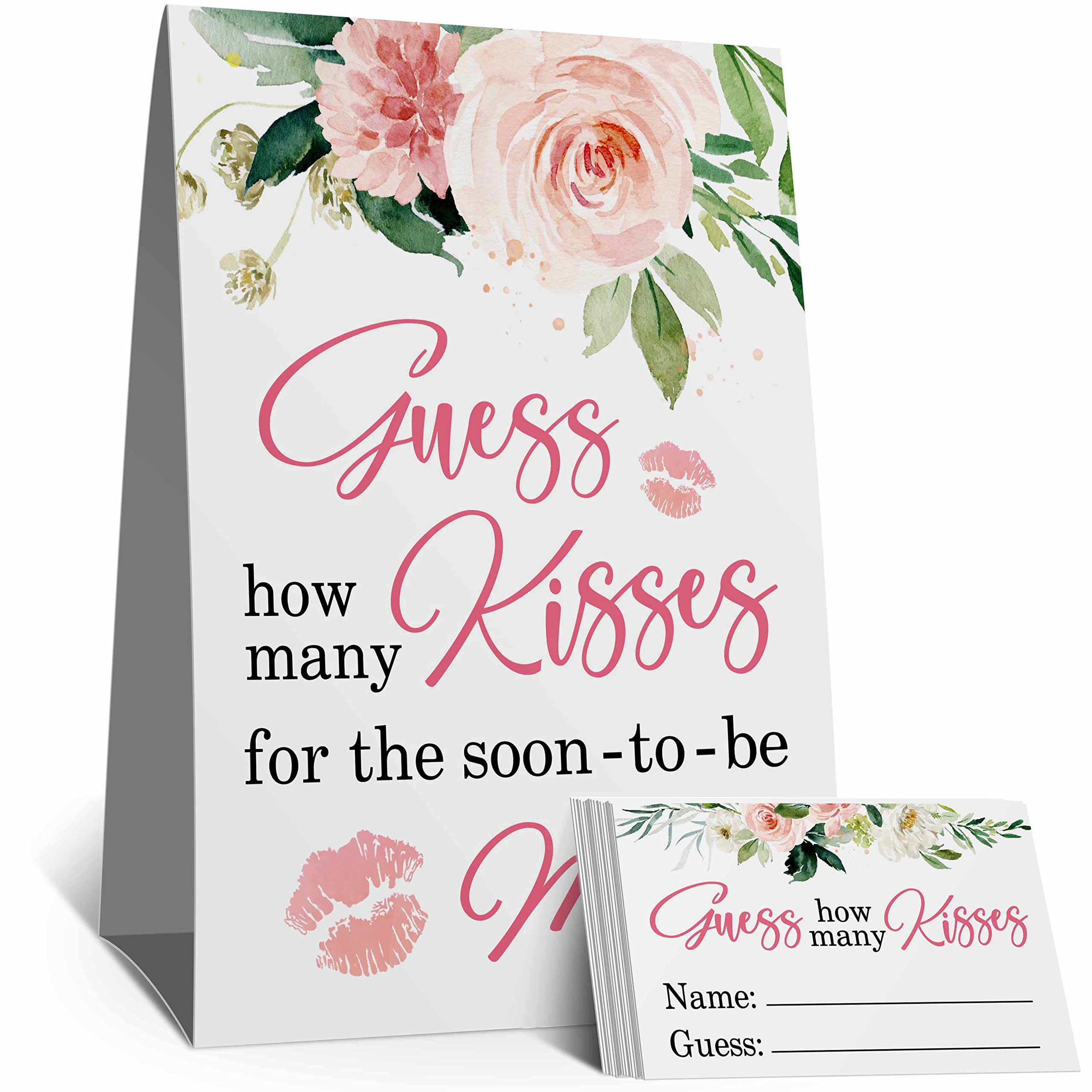 skuhyyg How Many Kisses Bridal Shower Game Sign, Pink Floral, How Many Kisses for the Soon to be Mrs Bridal Shower Game,Watercolor Kisses Wedding Engagement Decorations(1 Sign+50 Cards)