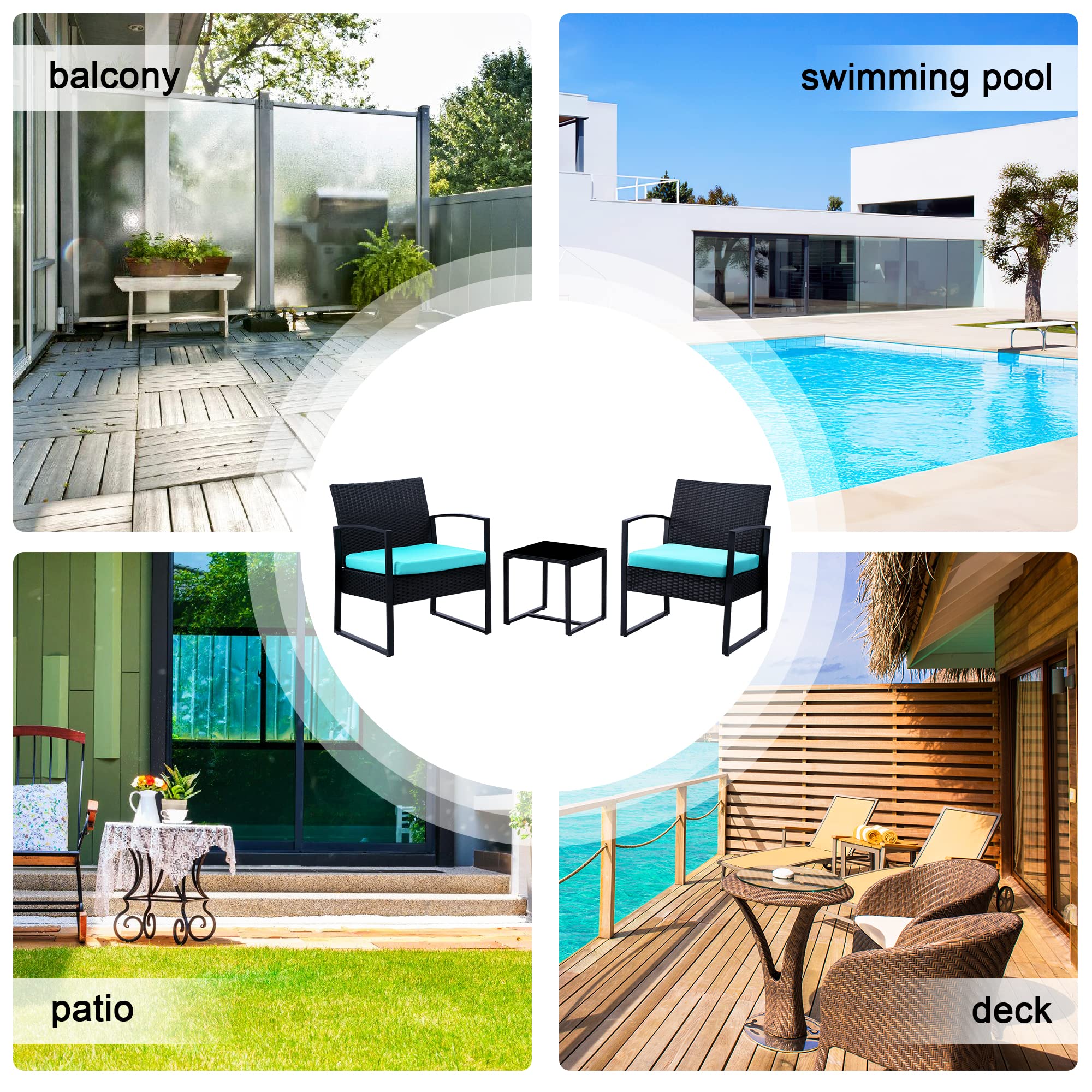 Skyfish 3 Pieces Patio Furniture Set Outdoor Wicker Patio Bistro Set Conversation Rattan Chair Set 3 PCS with Coffee Table for Yard & Bistro (Blue)