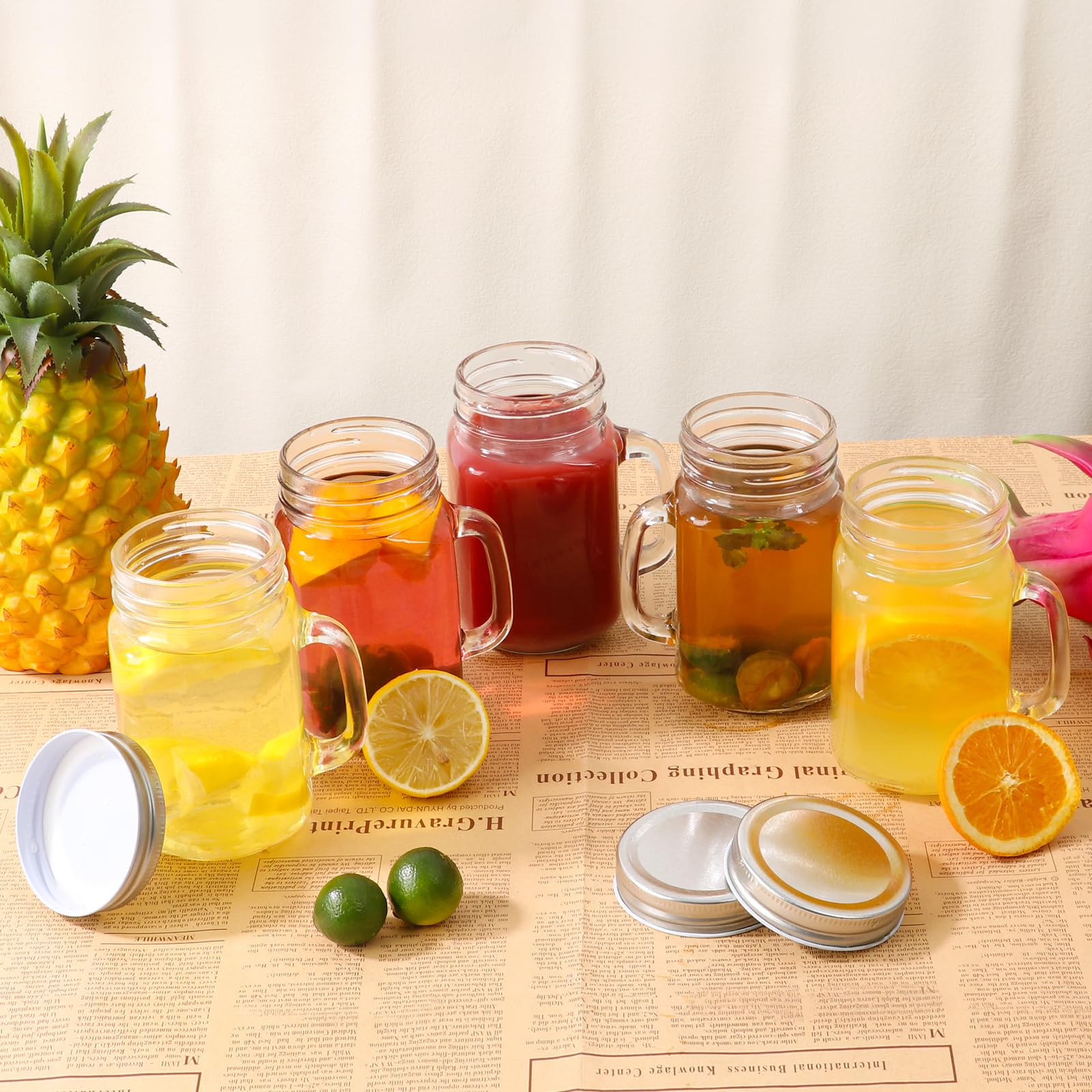 SZUAH Mason Jar with Handle, 9 Pack 16 oz Mason Jar Mugs, Drinking Jars, Glass Mason Jar Cups with Lids and Brush for Cocktails, Juice And Milk