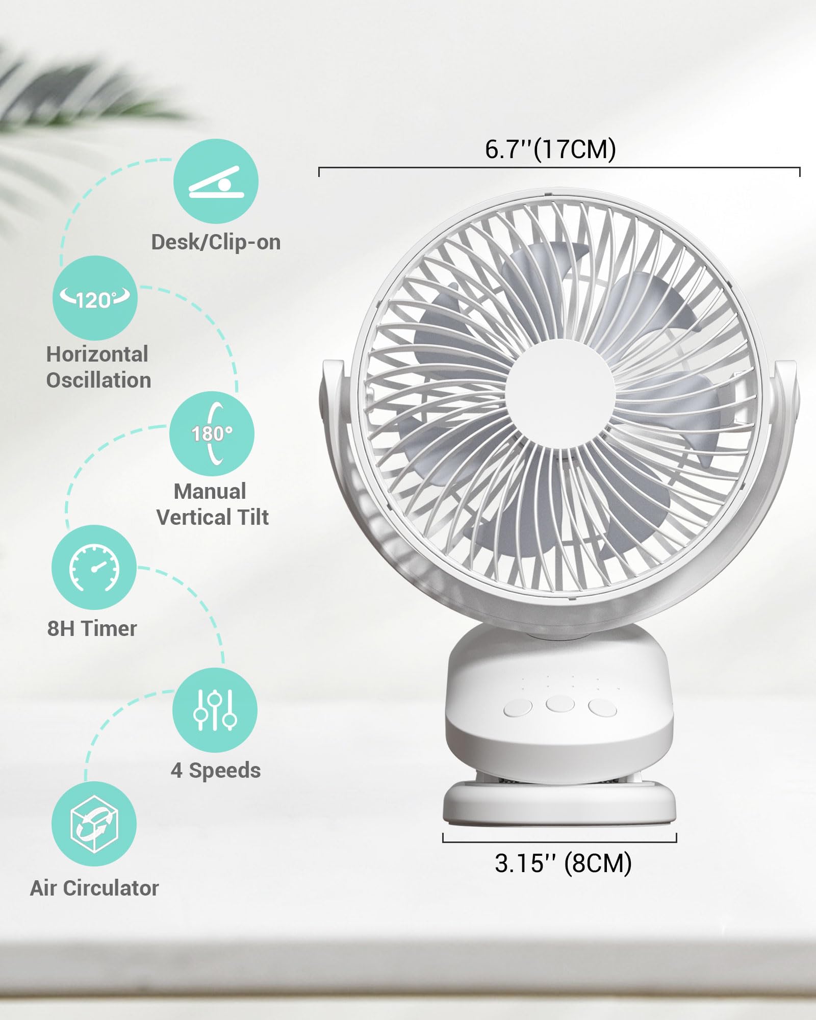 Portable Clip on Fan, Oscillating & 120° Rotate Battery Operated Stroller Fan, 4 Speed Quiet Mini Personal Desk Fan, USB Rechargeable Fan for Outdoor Camping Golf Cart Stroller Home Office White