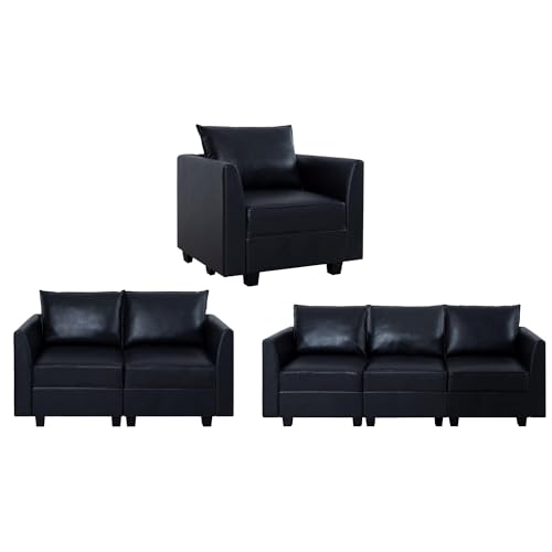 Naomi Home Elizabeth Modern Modular DIY Collection - Linen Armchair with Sturdy Wooden Frame (Sofa Set, Black/Air Leather)