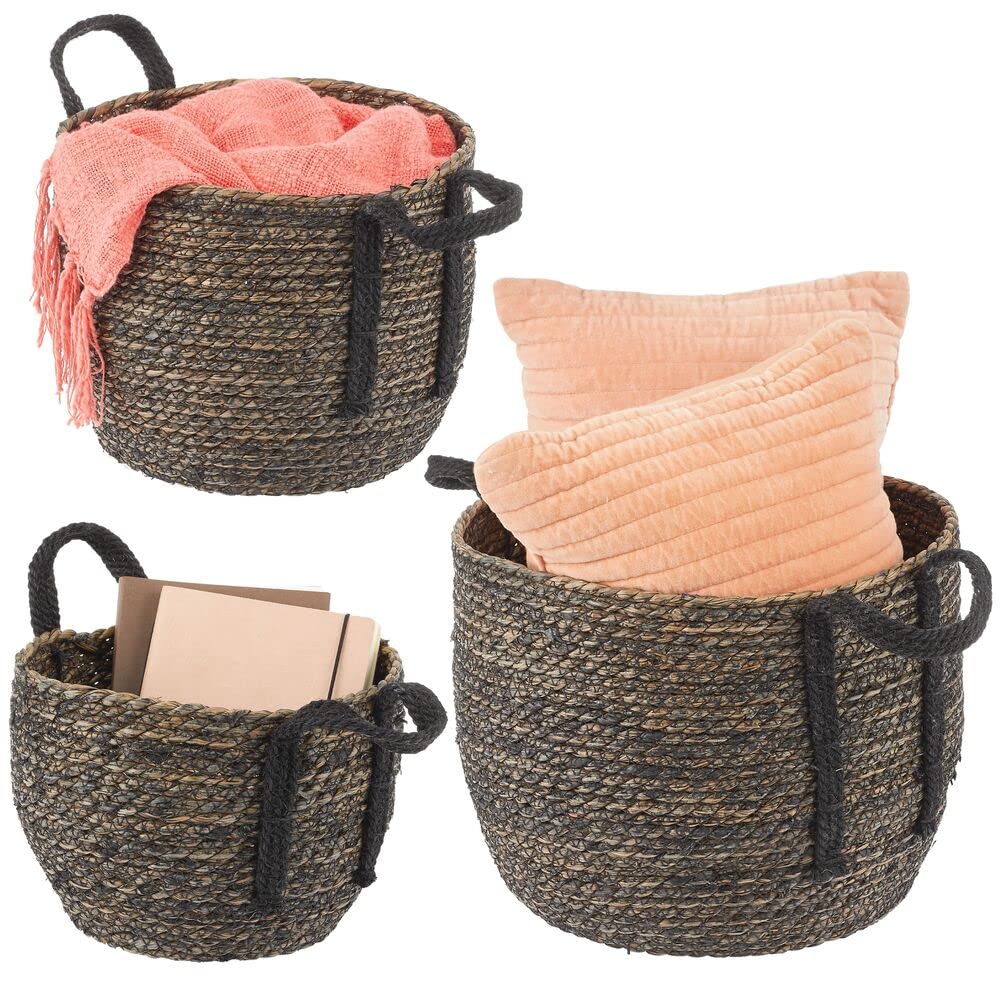 mDesign Round Braided Seagrass Woven Storage Basket with Jute Handles - Rope Weave Circle-Shaped Basket Bin for Shoe Storage in Entryway, Organizing Playroom Toys, and Laundry - Set of 3 - Black Wash