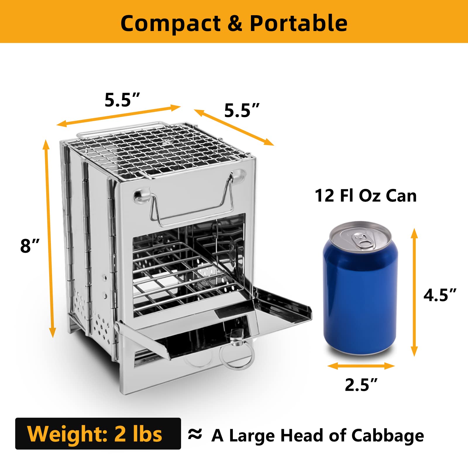 HIKPEED Camping Wood Stove, 5.5''L x 5.5''W x 8''H, Folding, Portable, Compact