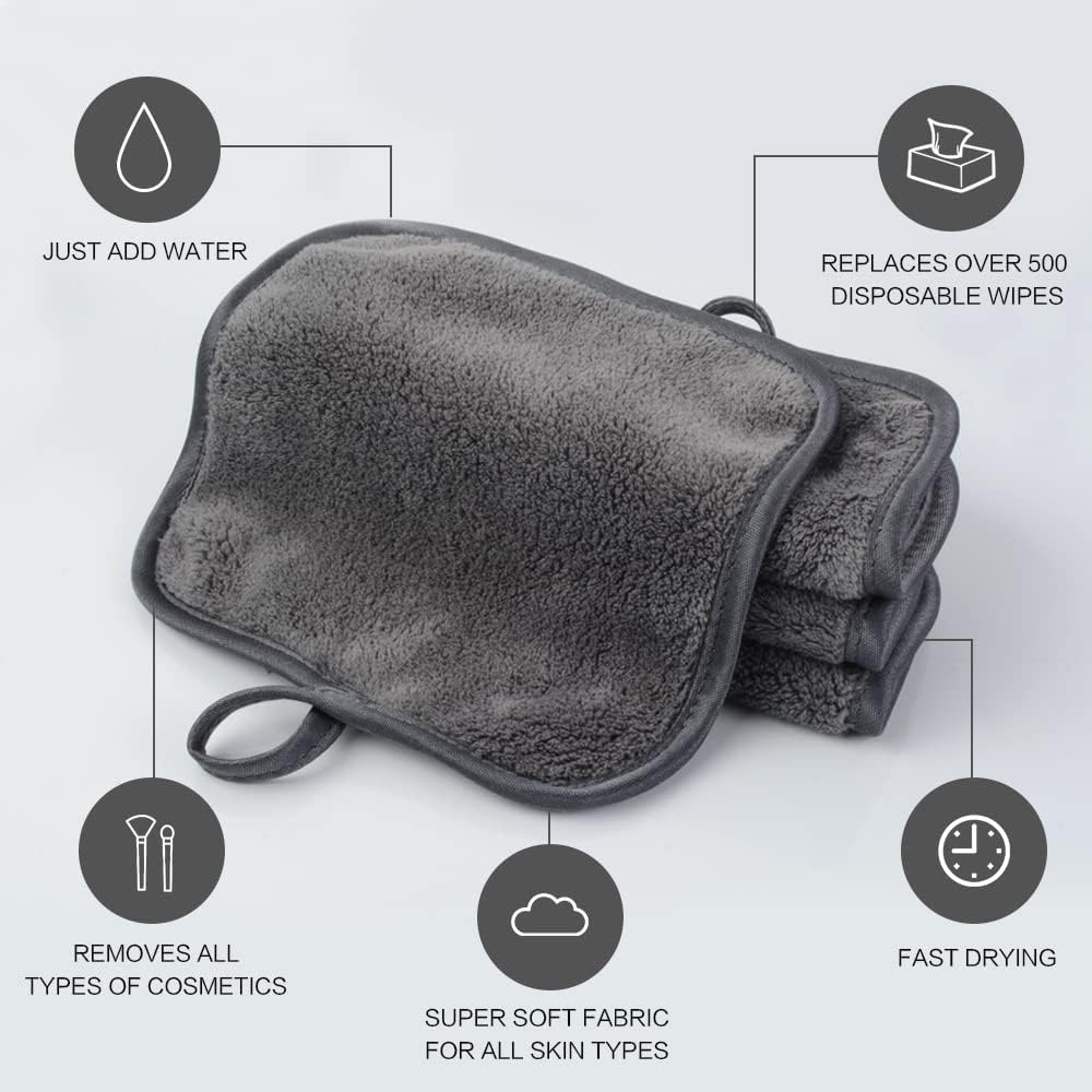 SINLAND Makeup Remover Cloth,Reusable Microfiber Makeup Remover Pads,Washable Facial Cleansing Cloths,Soft Microfiber Face Washcloths for All Skin Types,Face Towels with Mesh Bag, 6x6 Inch 12Pack Grey