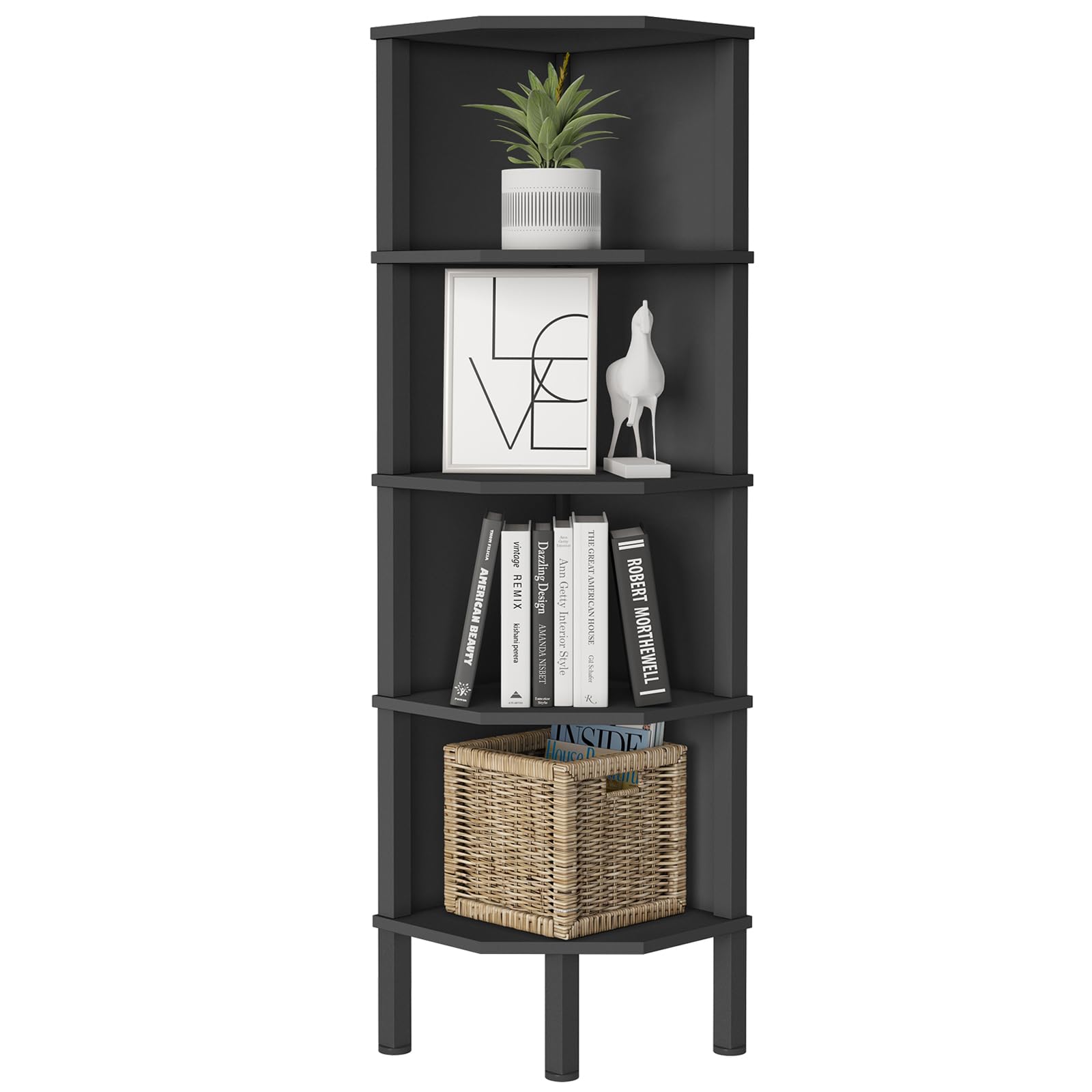 LAATOOREE 5 Tier Corner Shelf, Corner Stand Rack, Freestanding Wooden Corner Bookshelf, Plant Display Shelving Unit for Small Space, Living Room, Bedroom, Office, Kitchen (Black, 5 Tier)