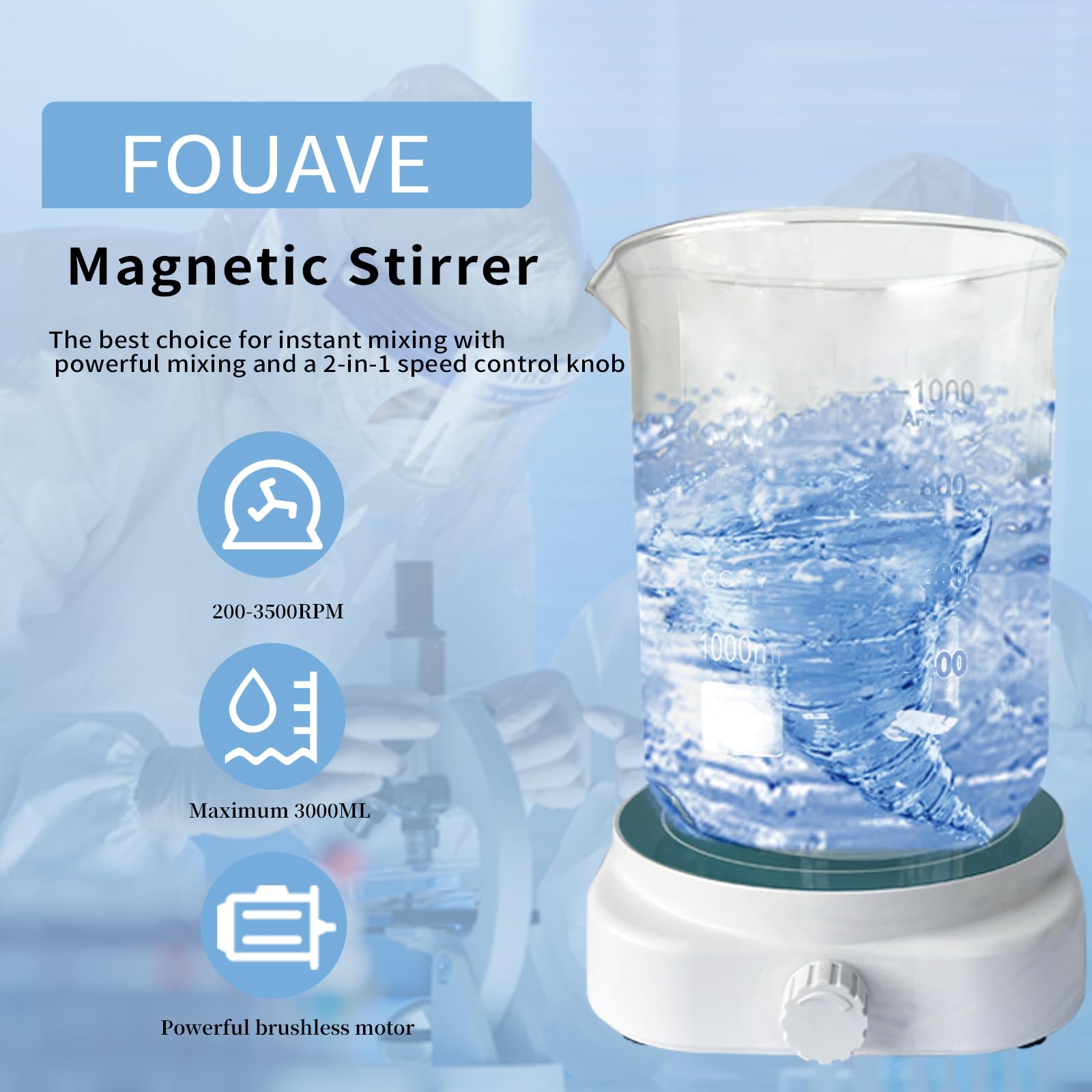LAB FOUAVE Magnetic Stirrer 200-3500rpm,Maximum stirring capacity 3000ml,Suitable for schools, work, or experimental projects,Laboratory Mini Magnetic Mixer Stirrer(No Heating)