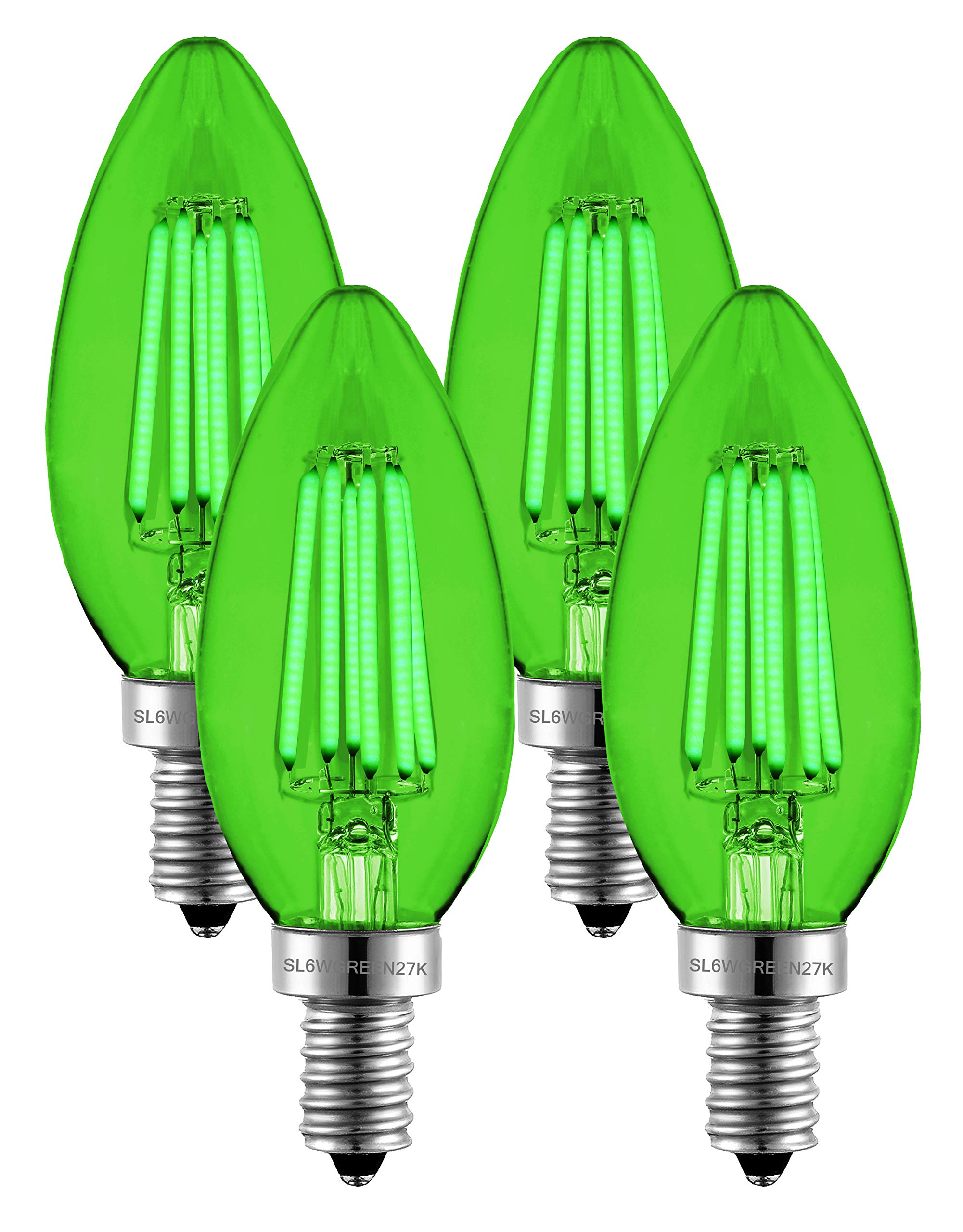 SLEEKLIGHTING 5Watt E12 LED Filament Candelabra Green Light Bulb, (60W Incandescent Replacement) Chandelier Torpedo Tip, Clear Glass Cover E12 Base 4 Pack