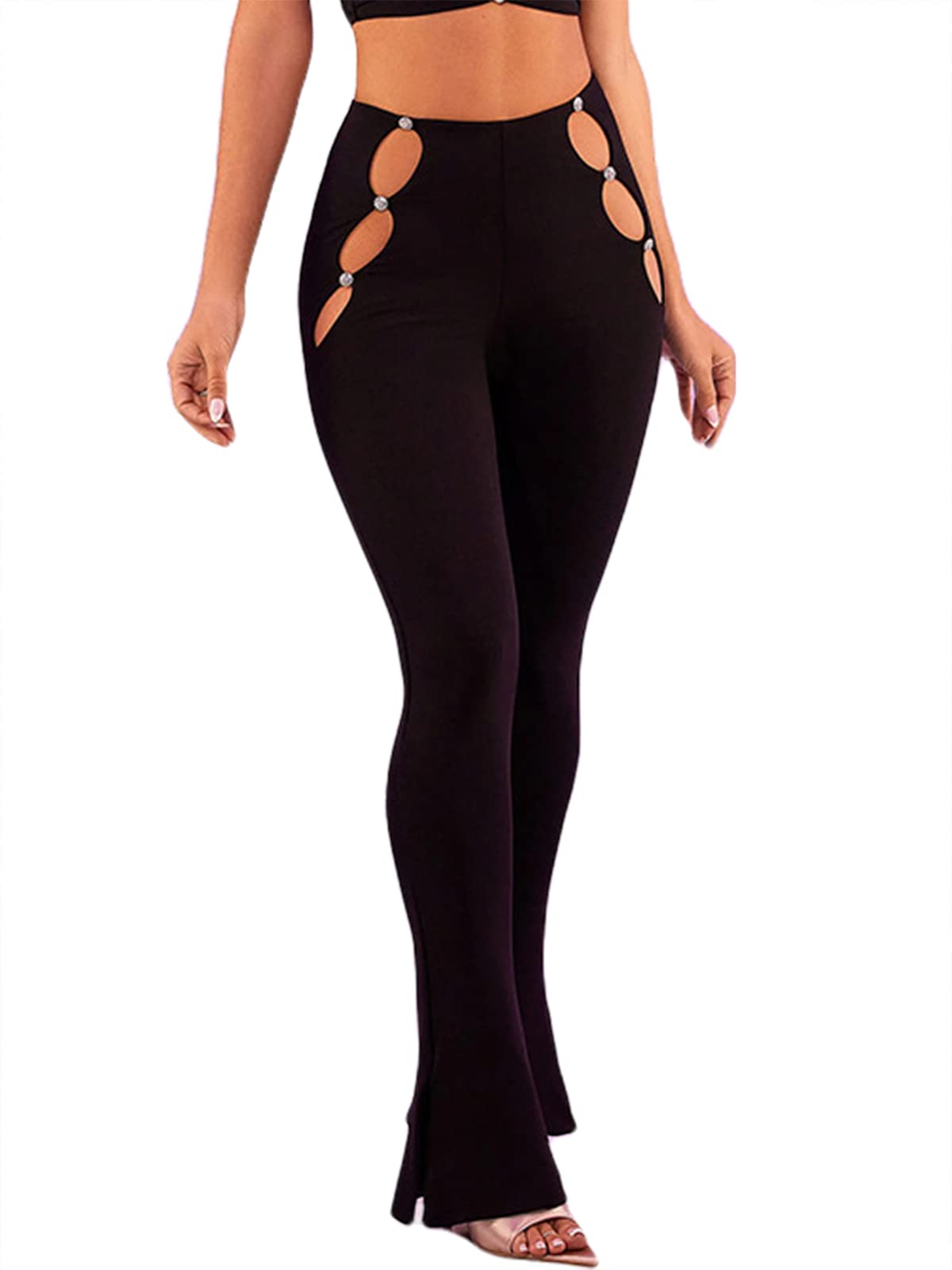 Hilinker Women's High Waisted Flare Long Pants Cut Out Bootcut Flare Yoga Pants Black X-Large