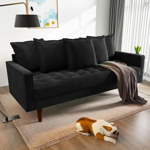 SILKIR Mid-Century Modern Small Spaces Comfy Velvet Living Room,Office,and Apartment,Loveseat Couch Sofas, 70 Inch, Black