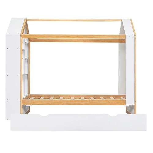 Harper & Bright Designs Twin House Bed for Kids,Wood House Bed with Trundle,Twin Size Platform Bed with Storage Shelves and Window,Twin Playhouse Bed for Girls Boys,White