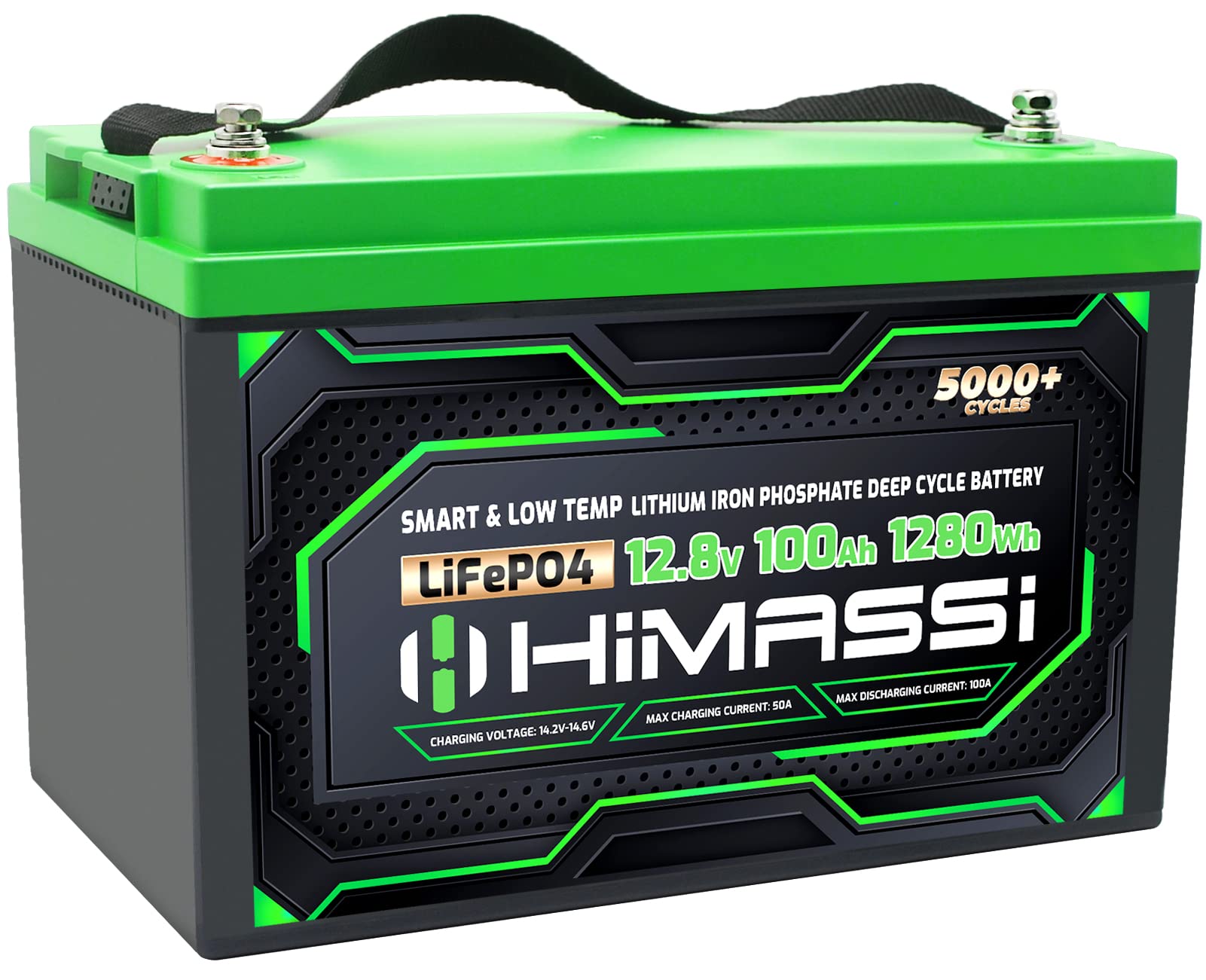 HiMASSi 12V 100Ah LiFePO4 Battery, Built in 100A BMS Lithium Battery for Trolling Motor Marine RV Solar Electrical Systems Home Energy Storage