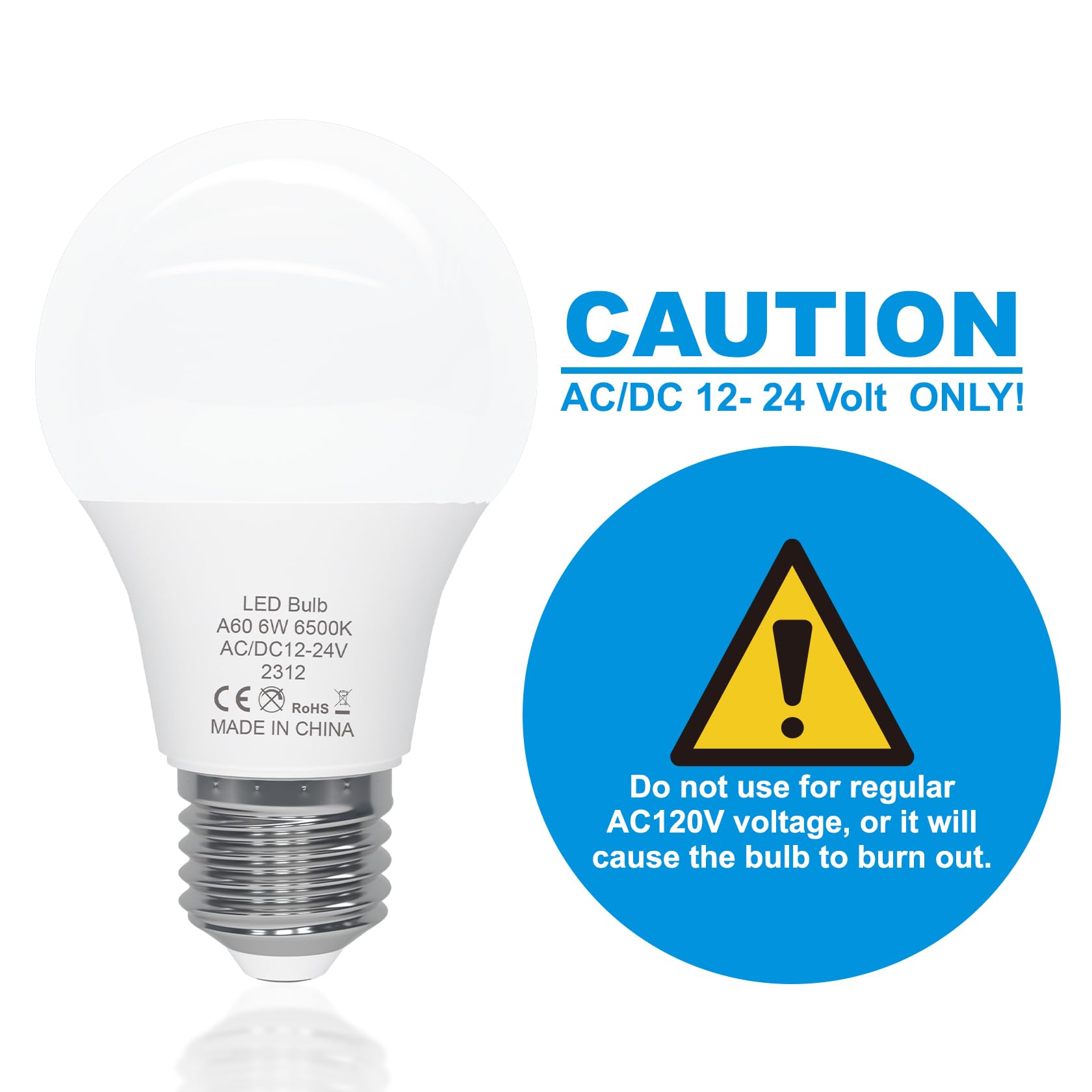 ORALUCE 12V LED Light Bulb Low Voltage,AC/DC 12-24V A19 E26 LED Bulb 60 Watt,6500K Cool White 12 Volt Light Bulb 6W,for Solar Battery System Lighting Marine Boat RV Camping Landscape Garden,6P