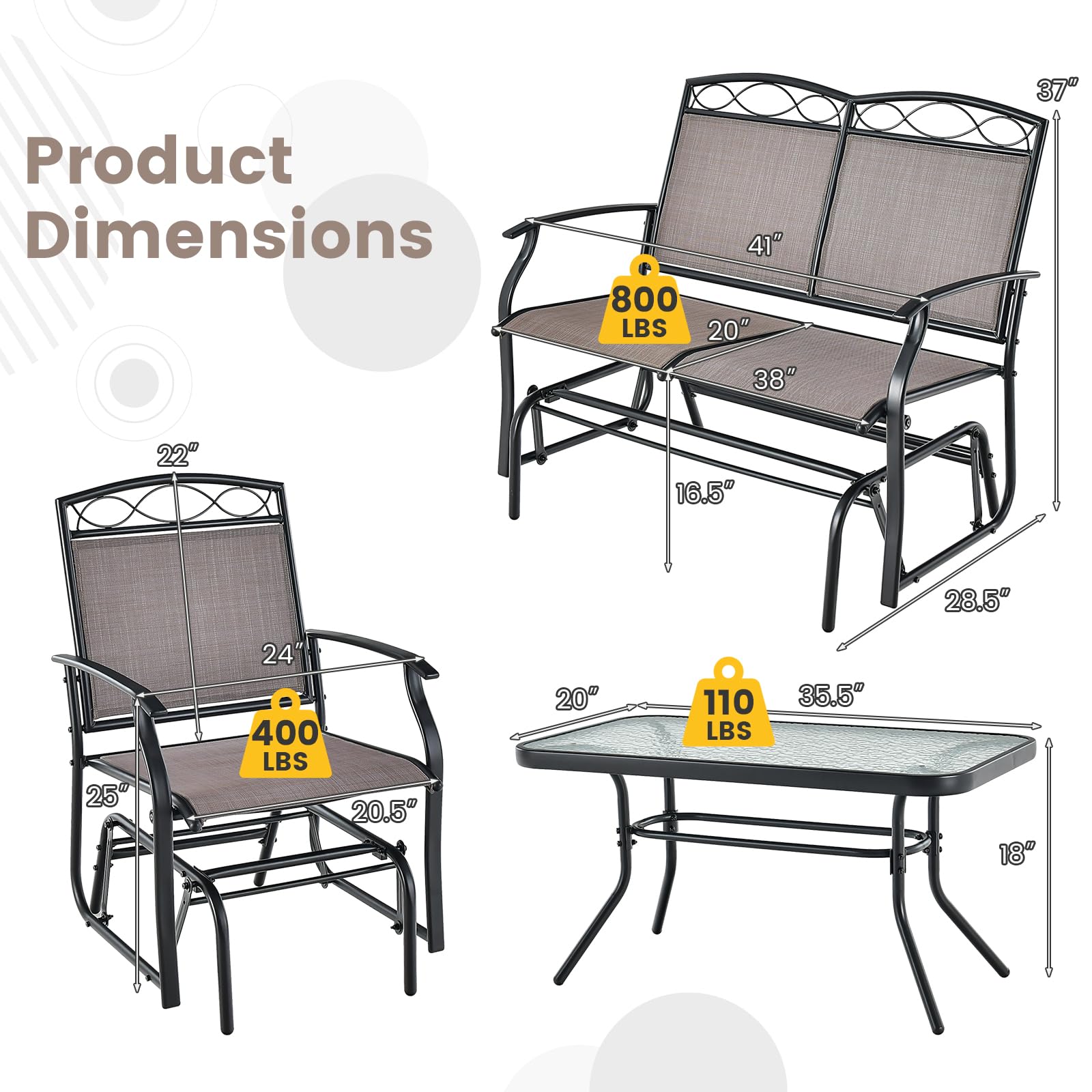 Tangkula 4 Pcs Patio Glider Set, Outdoor Gliding Loveseat w/Tempered Glass Coffee Table, Heavy-Duty Patio Furniture Set for Backyard, Porch, Poolside (4 PCS Patio Glider Set)