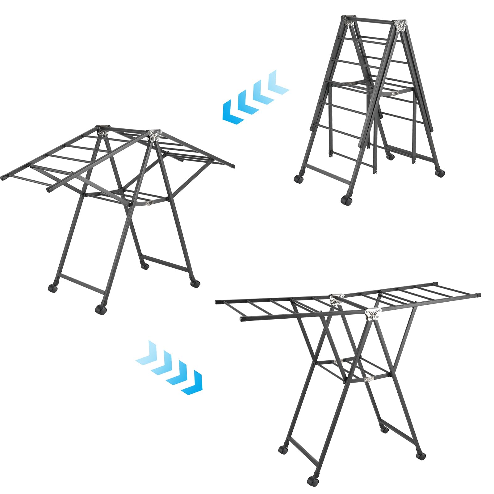 Mean Yeah Folding Clothes Drying Rack 2-Tier, Large Laundry Drying Rack with Height-Adjustable Wings, Indoor Outdoor Collapsible Foldable Clothes Drying Rack, with 4 Castors,Easy to Fold - Grey