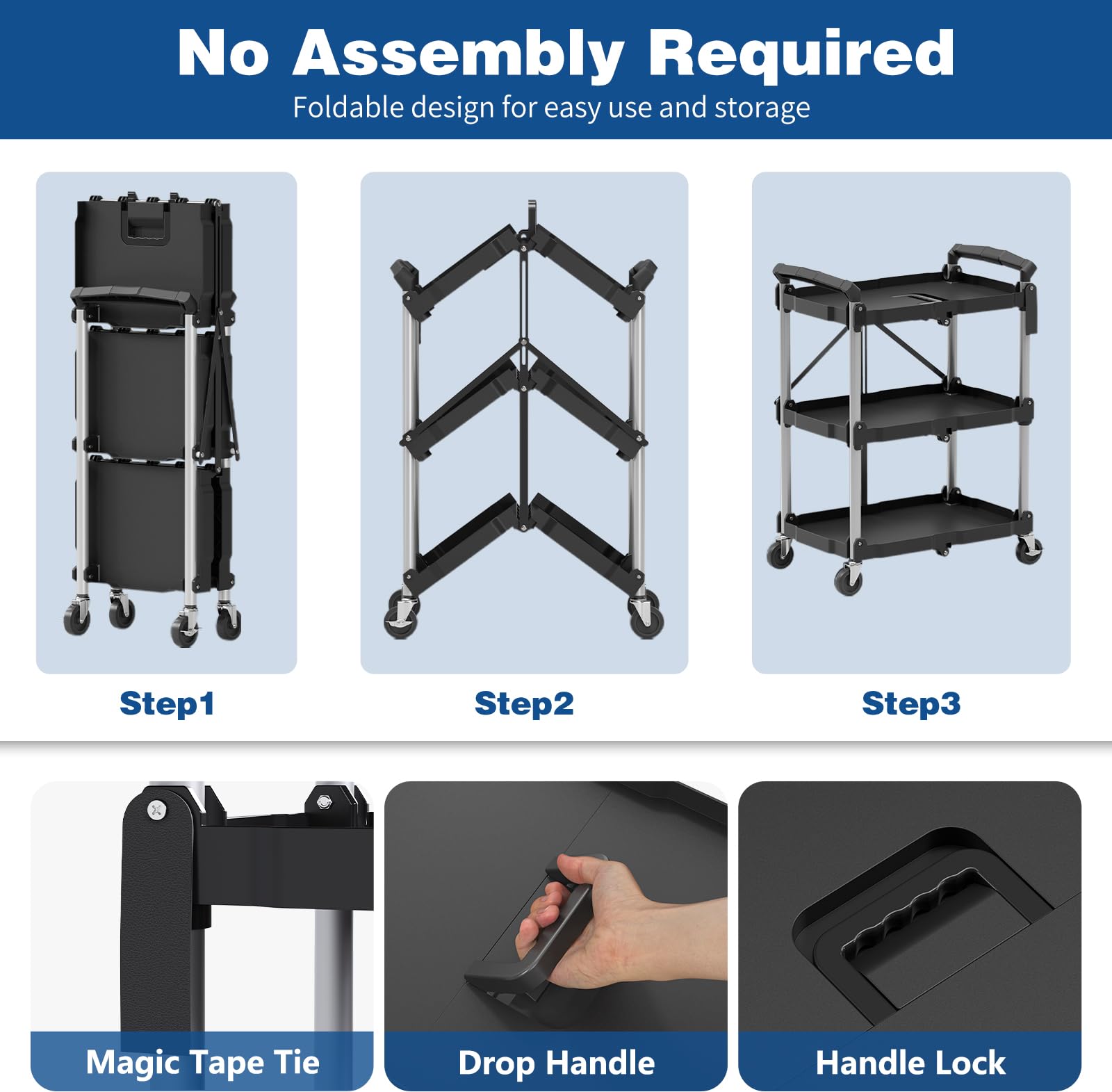 Kieperi Foldable Utility Cart Service Cart, 3 Shelf 200lbs Heavy Duty Plastic Rolling Cart with Lockable Wheels, Ergonomic Handle, Collapsible Metal Tool Cart for Office Home Garage (Black)