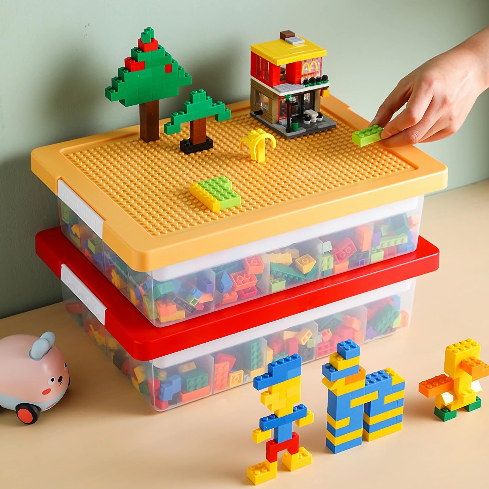 Toys Storage Organizer Box for Lego, Toy Storage Box with Building Plate Lid and Removable Tray, Building Block Storage, Stackable Plastic Organizer Bins(Yellow)
