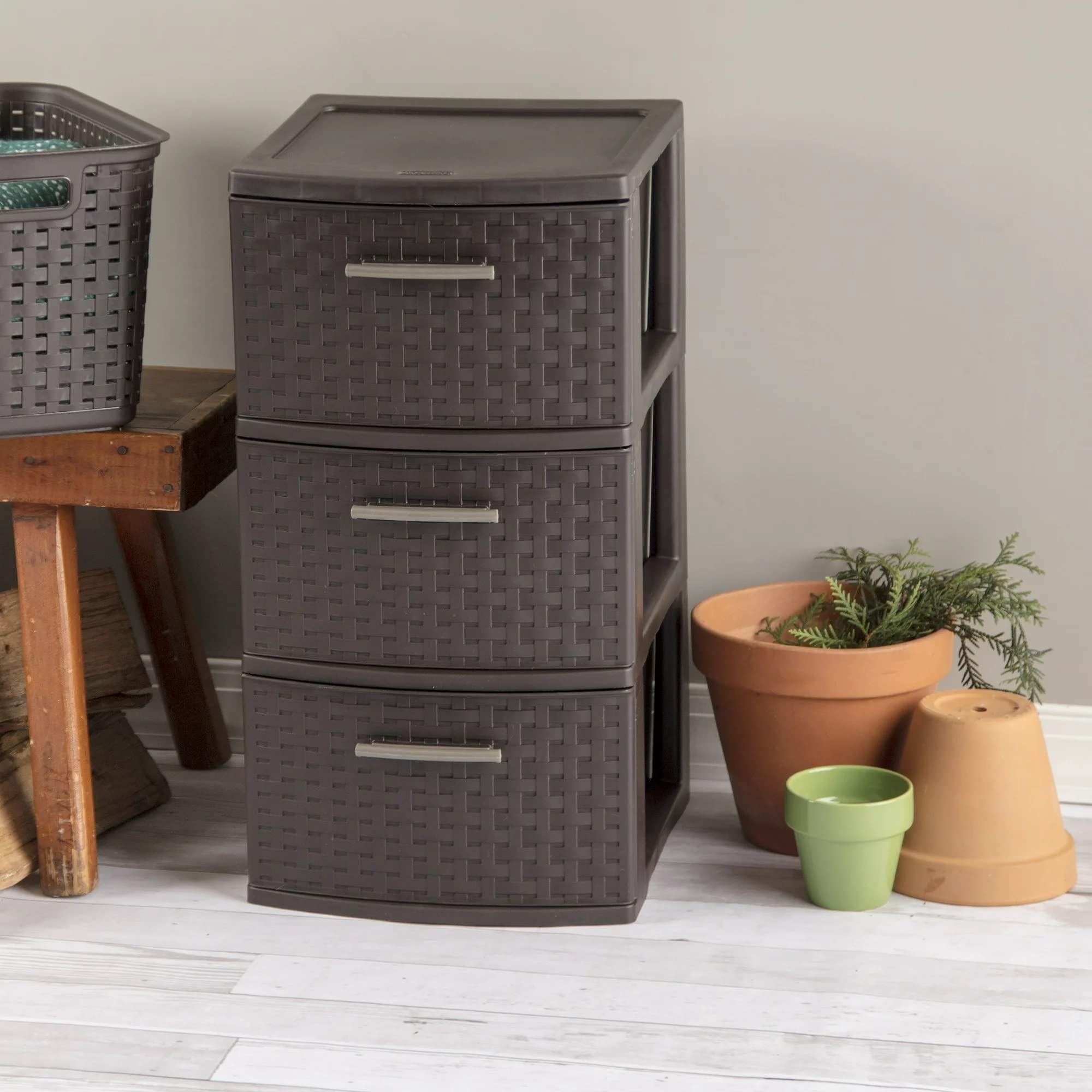 TQaSer 3-Drawer Wide Weave Design Storage Tower, Espresso Frame & Drawers With Driftwood Handles, Brown, Case of 1