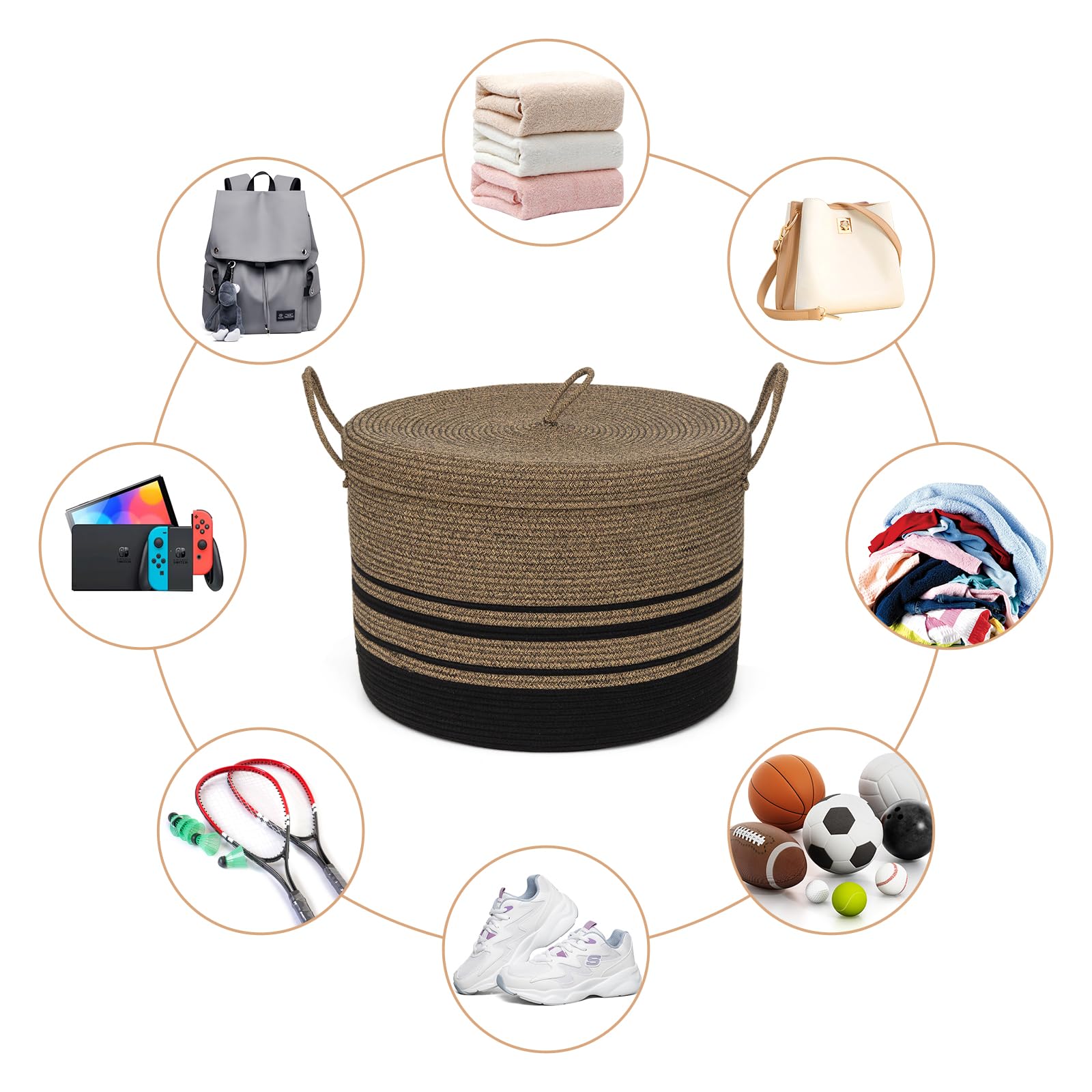 ORGMASTER Laundry Basket with Lid, Woven Cotton Rope Laundry Hamper Foldable Storage Organizer Bin Blanket Basket for Comforter, Cushions, Clothes, Pillows, 20.5x20.5x15 Inch, Deep Brown/Black