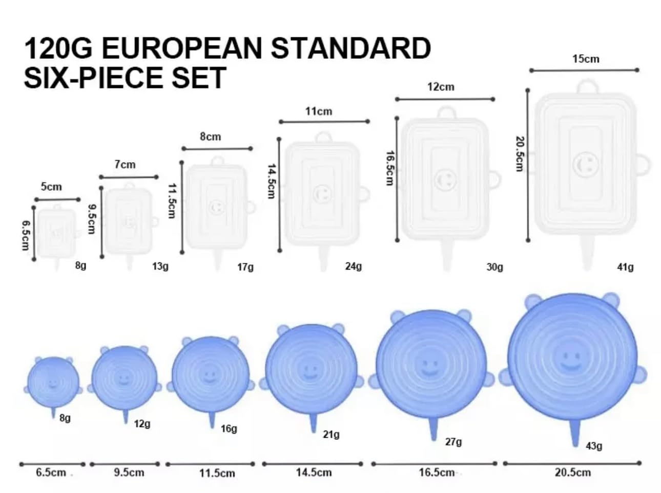 TraCol Reusable Silicone Stretch Lids, 12 Pcs Silicone Lids, 6 different Sizes BPA-free Silicone Bowl Covers for Cups, Bowls and Dish, Flexible, Round and Rectangle Fit 2.5" - 8.5β Container, Blue