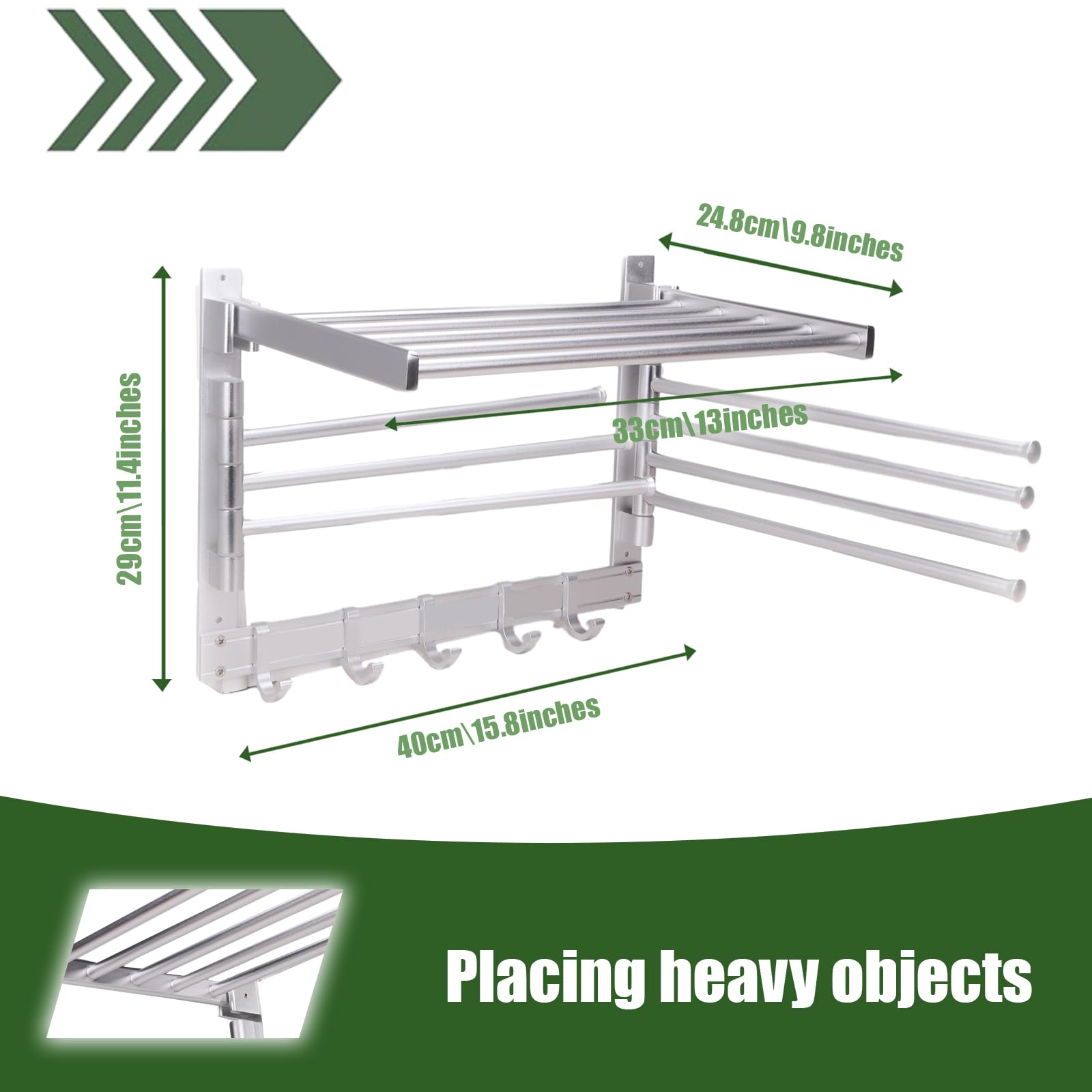 KIJINOGF Clothes Drying Rack Wall Mounted Laundry Drying Rack for Laundry with Swivel Towel Arms and Hanging Hooks Space Organization for Laundry Room Bathroom, 15.8’’ 1 Pack(Silver)