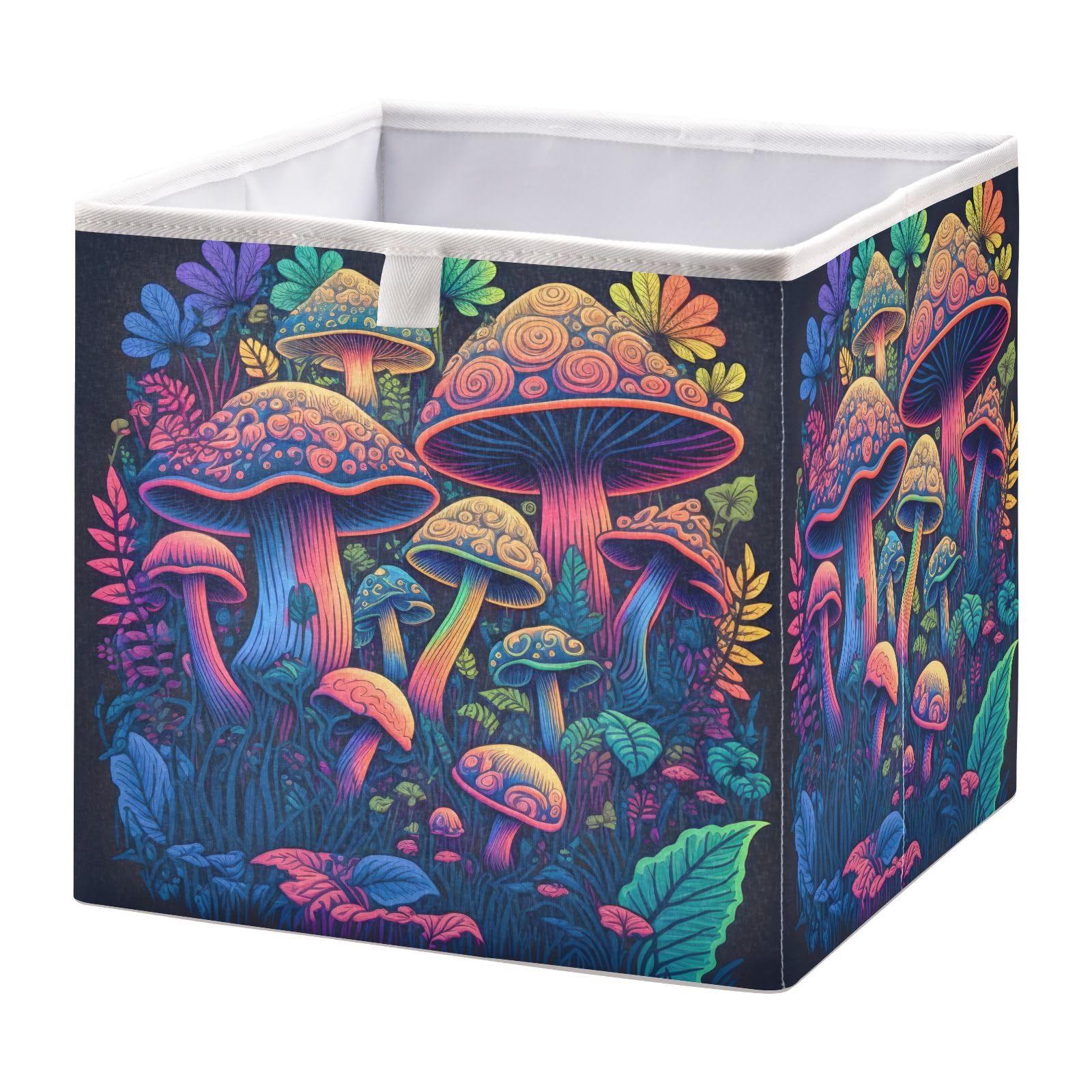 TecEr Mushrooms Pattern Foldable Fabric Cloth Strong Sturdy Storage Cube Basket Bins Organizer with Handles, For Home Shelf Closet And Toys Storage 11x11x11in