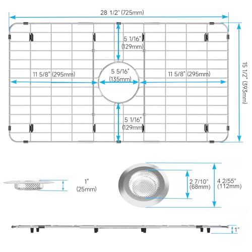 iPEGTOP Sink Bottom Grid, Stainless Steel Sink Protector 28-1/2" x 15-1/2" Centered Drain Hole with Corner Radius, Sink Grate for Bottom of Kitchen Sink Single Sink Bowl with Sink Hole Cover