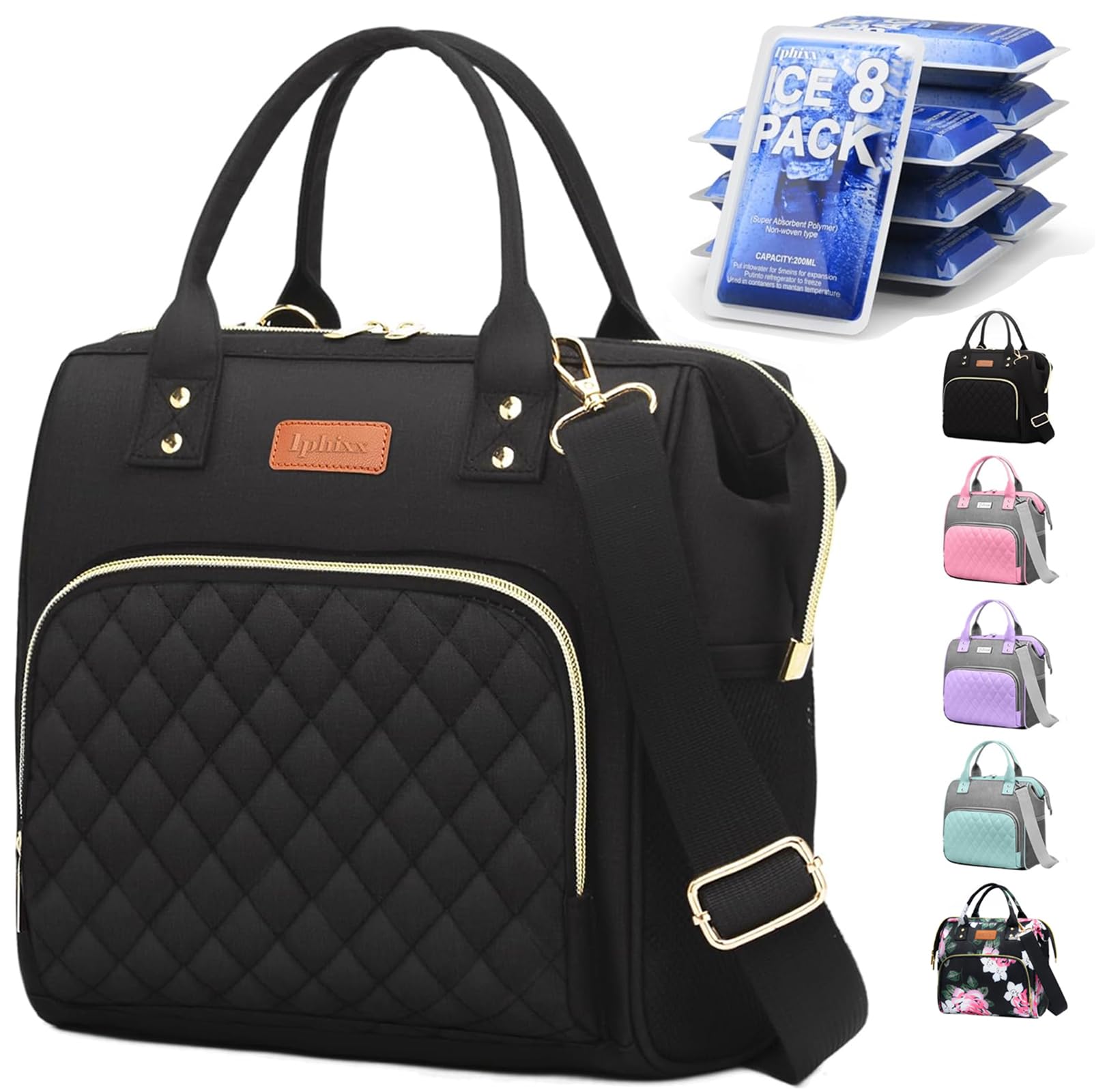 iPhixx Lunch Bags for Women, Lunch Box for Women Insulated Lunch Bag, Leakproof Lunch Tote Bags for Work with Adjustable Strap Reusable Cooler Tote Bag for Picnic,Camping, 8 Ice Packs