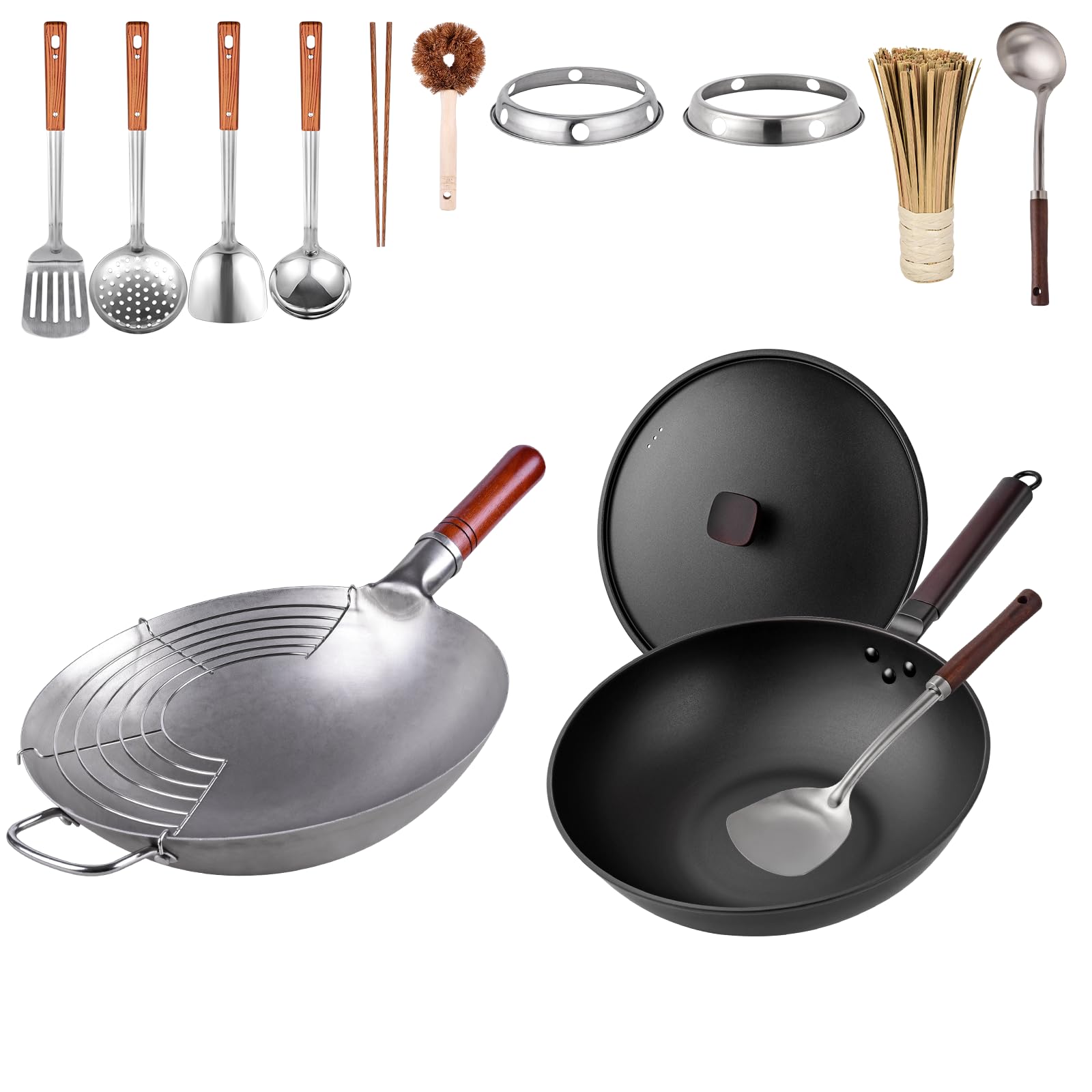 teewe 13.4” Chinese Wok Round Bottom Wok & 12.9” Wok Pan with Lid, Woks & Stir-fry Pans with 12 Cookware Accessories Bundle Deal