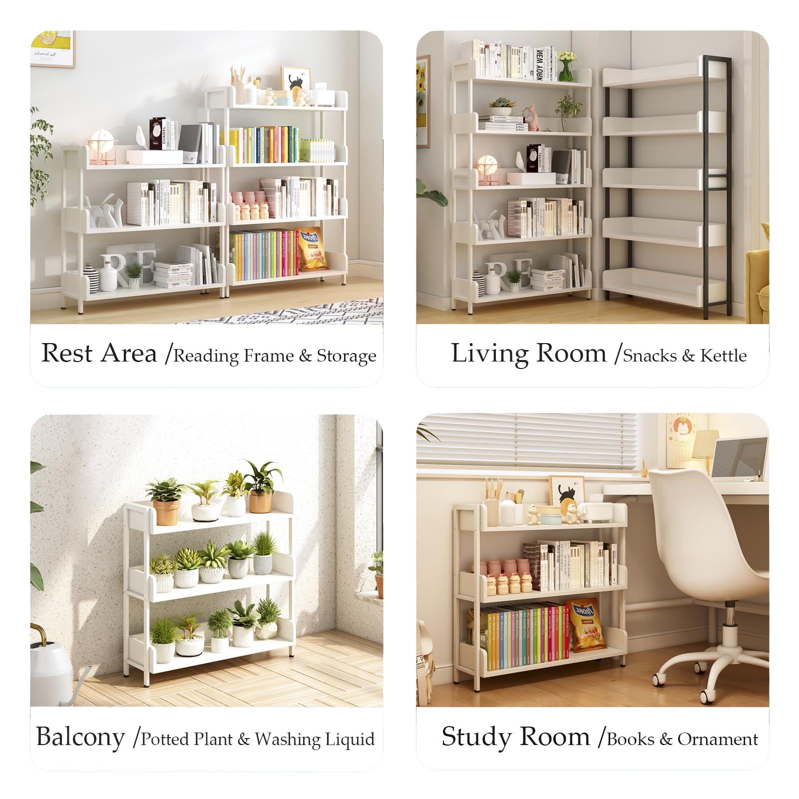 OSCHF Wide Open Shelf Bookcase - Modern 3-Tier Floor Standing Display Bookshelf with Top Edge and Metal Frame for Home and Office, Storage Shelving, Warm White